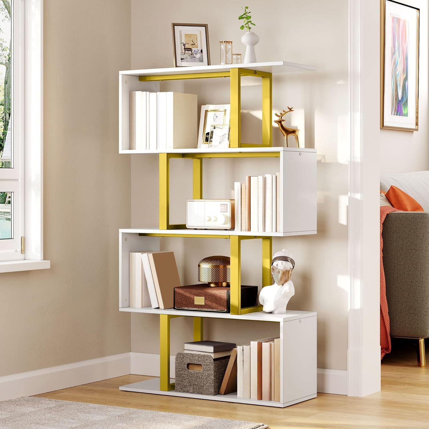 Geometric Bookshelf, 5-Tier Bookshelf S-Shaped Bookshelves, Modern ...