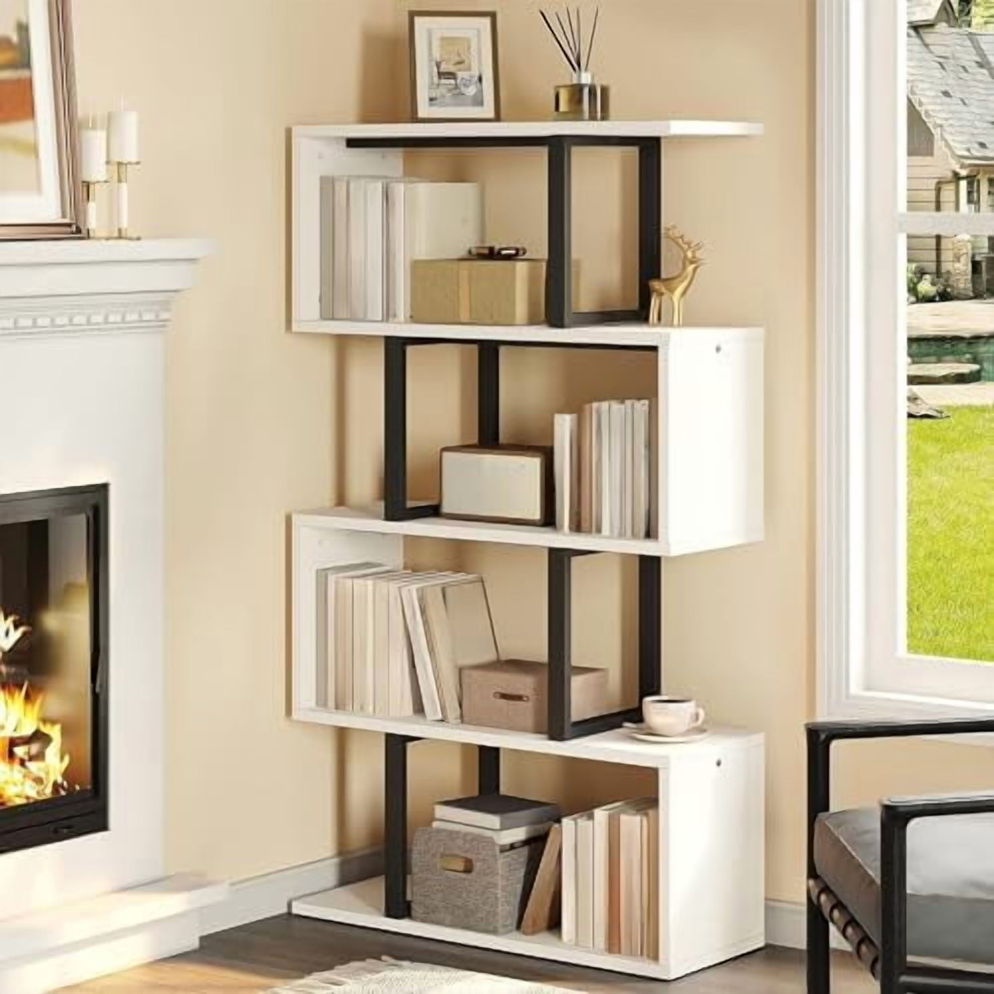Geometric Bookshelf, 5-Tier Bookshelf S-Shaped Bookshelves, Modern ...