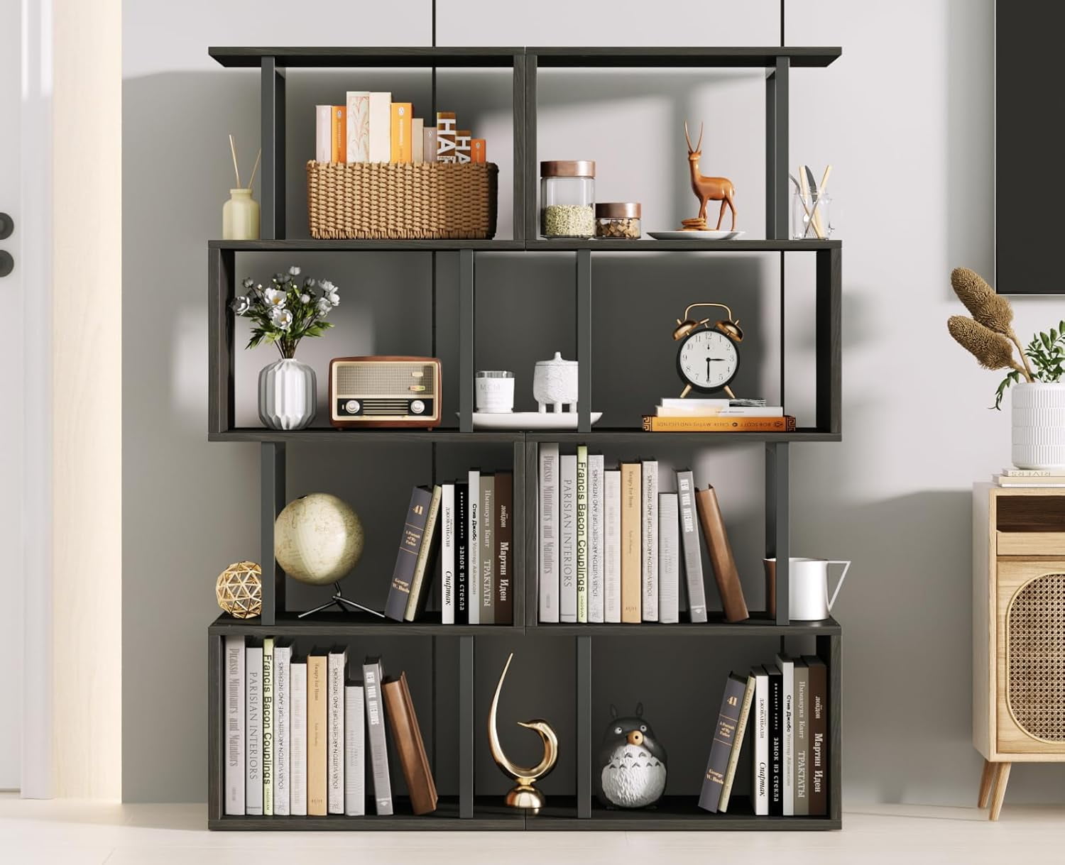 Geometric Bookshelf 5 Tier, Industrial S-Shaped Storage Shelf for Small ...