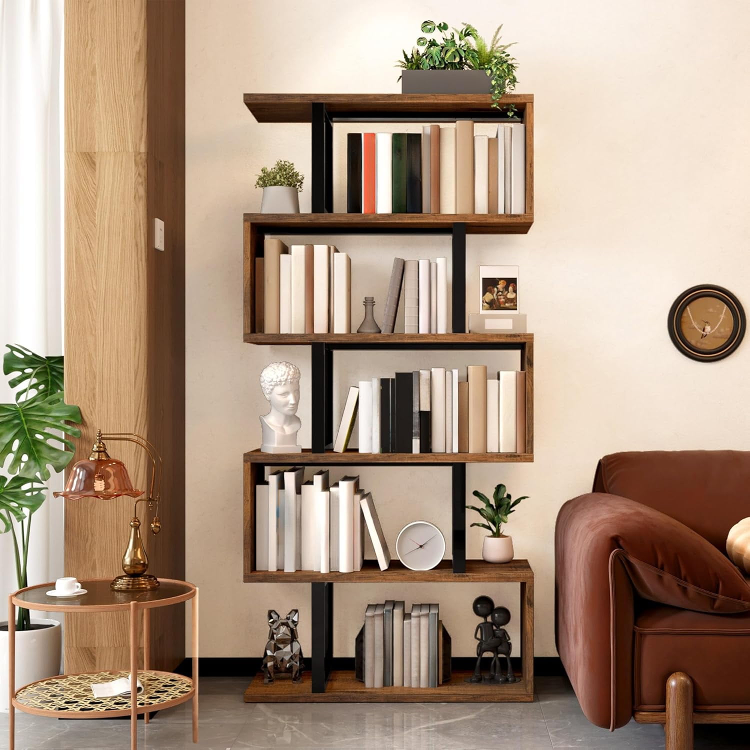 Geometric Bookshelf, 6-Tier Industrial Bookshelf S-Shaped Bookshelves ...