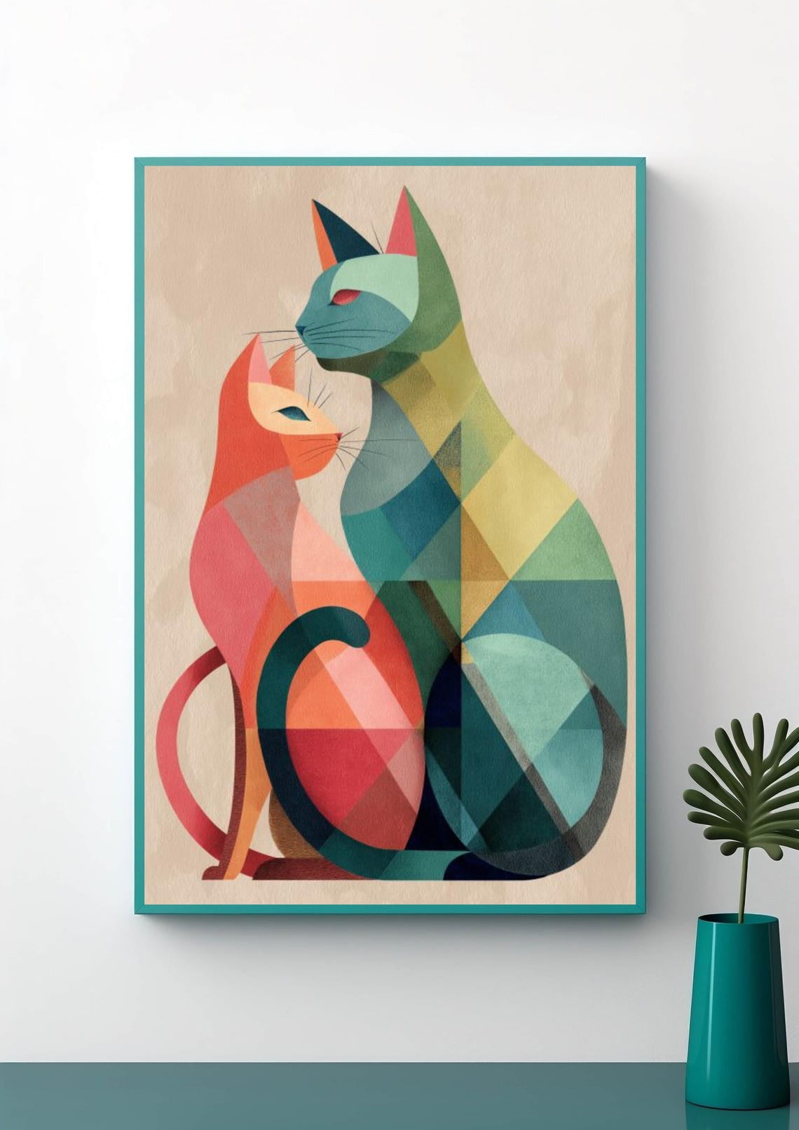 Geometric Cat Art Poster, Abstract Colorful Cat Poster, Modern Mid ...