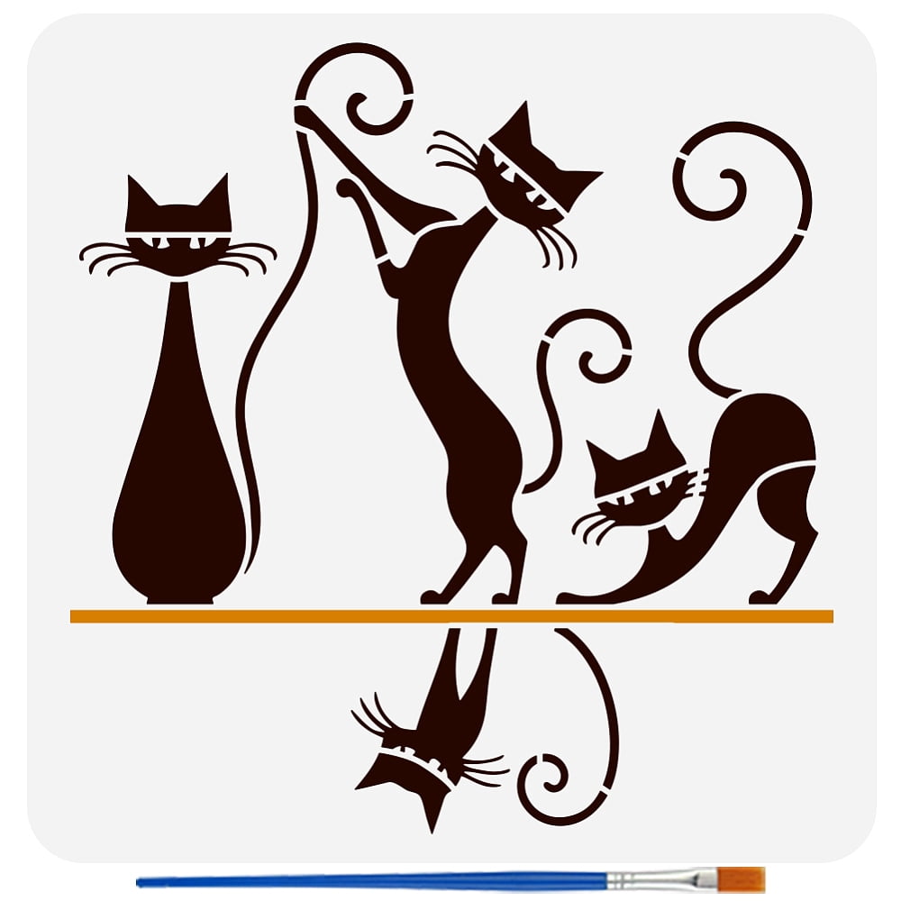 Geometric Cat Pattern Painting Stencil with Brush 11.8x11.8inch 4 ...
