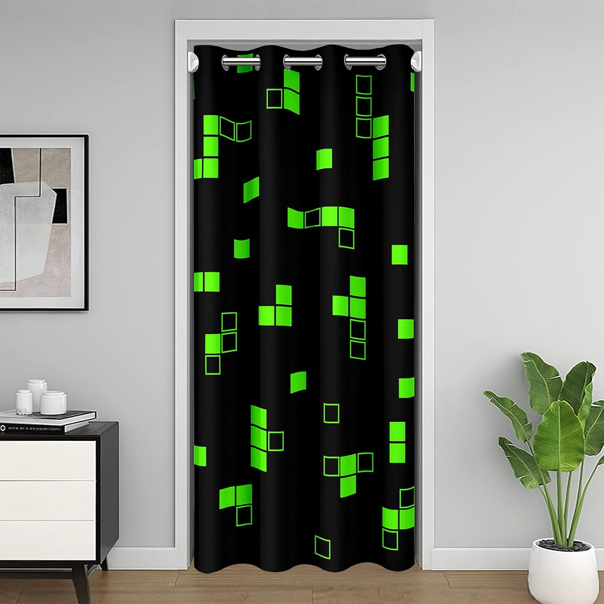 Geometric Check Miner Style Door Cover Curtain,Neon Green Black ...