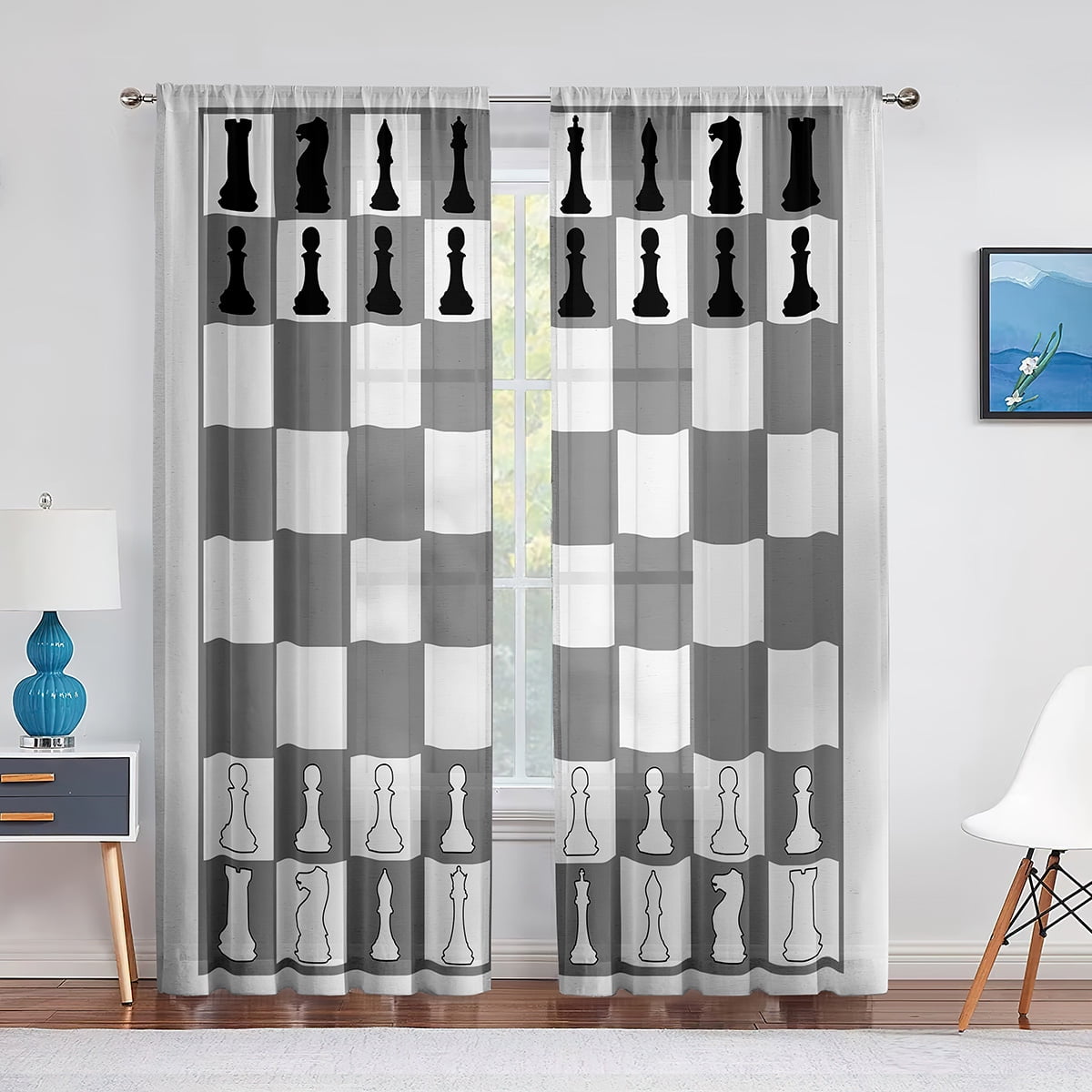 Geometric Chess Borad Sports Games Curtain for Bedroom Window Curtain ...
