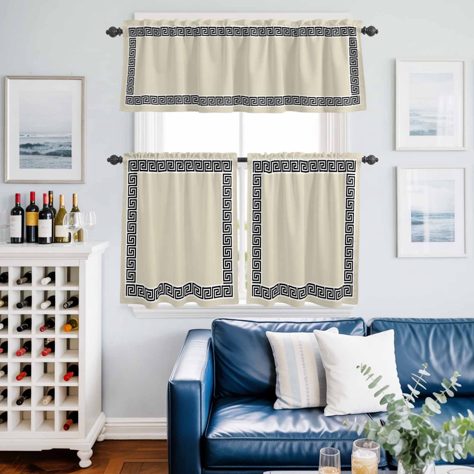 Geometric Chic Black Frame Curtain Tier and Valance Set 3 Piece, Greek ...