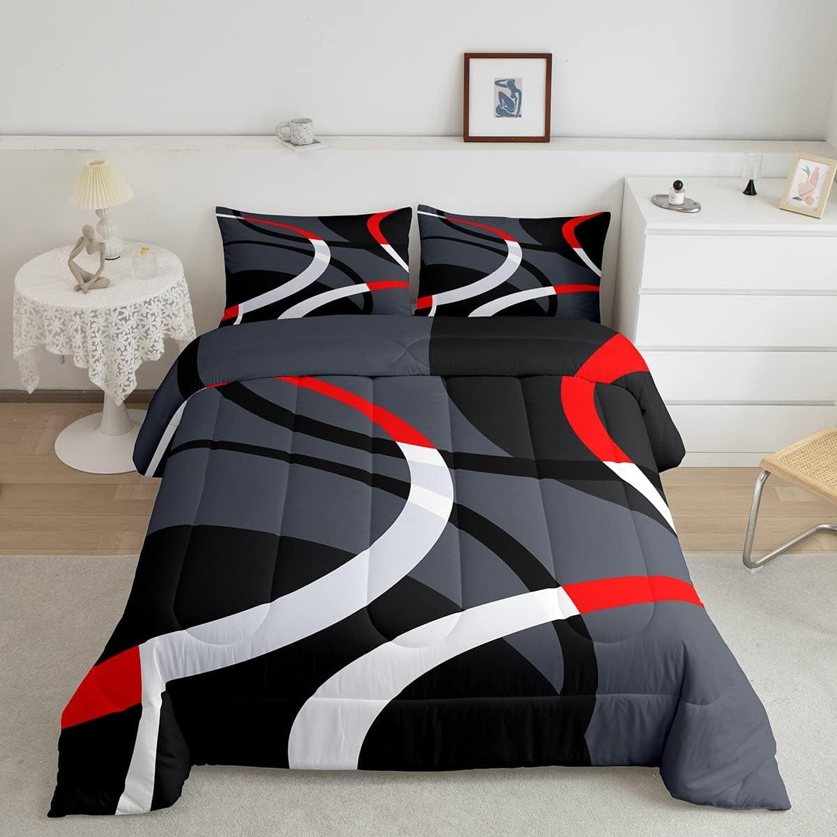 Geometric Circle Comforter Set Red Grey and Black Comforter Teens ...