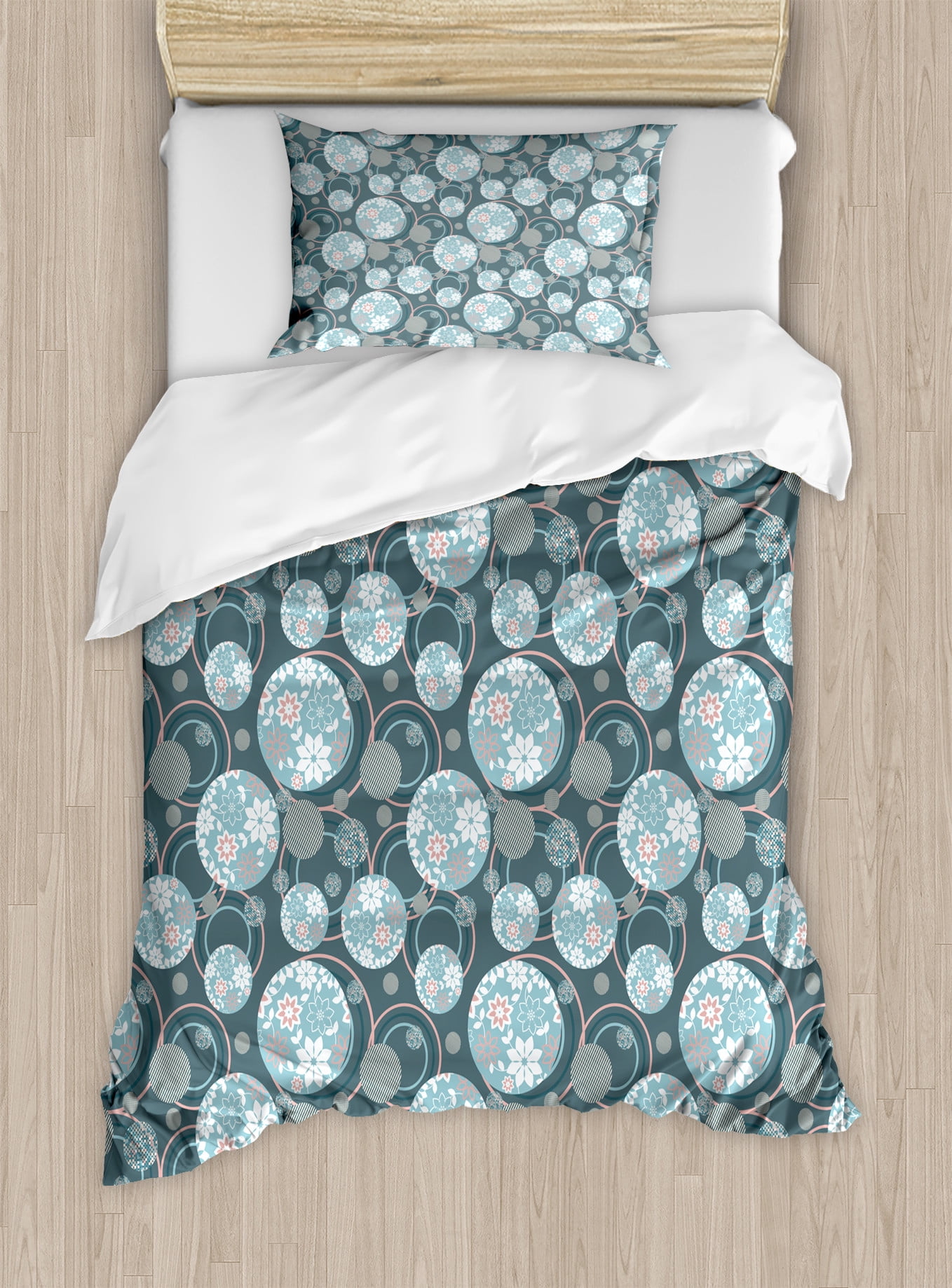 Geometric Circle Duvet Cover Set, Floral Ornamental Pastel Toned Shapes ...