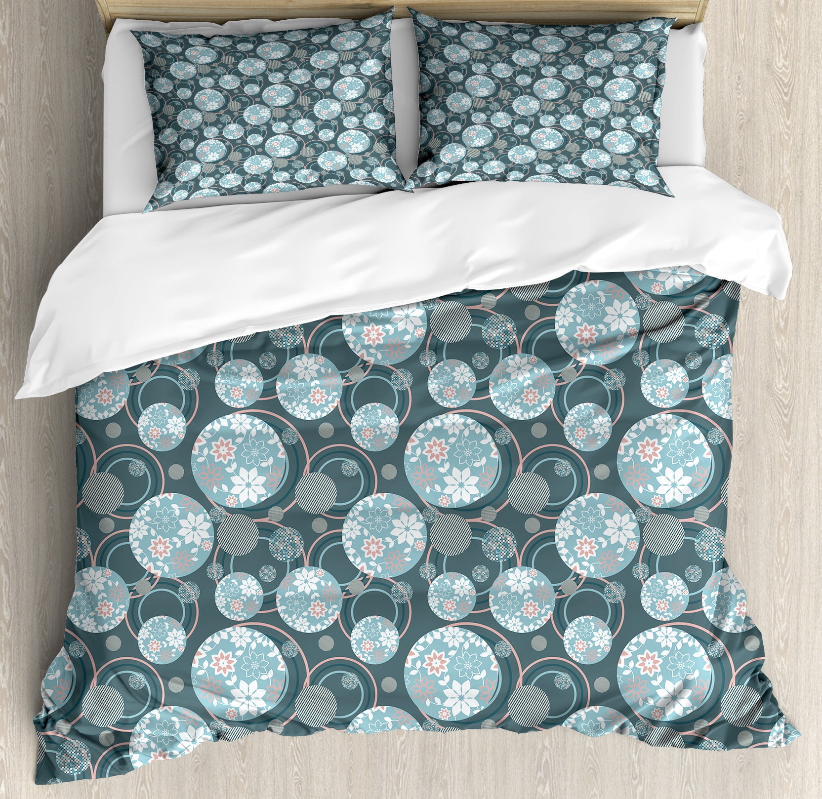 Geometric Circle Duvet Cover Set, Floral Ornamental Pastel Toned Shapes ...