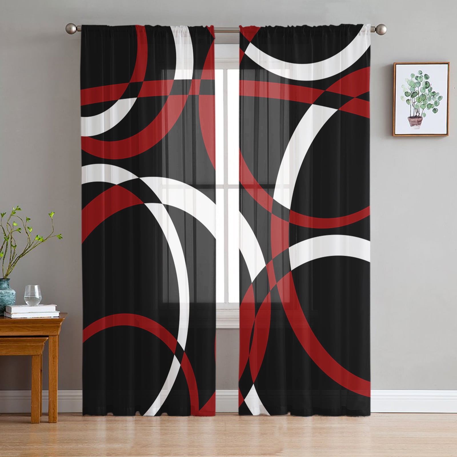 Geometric Circle Modern Art Red Voile Sheer Curtains Living Room Window ...