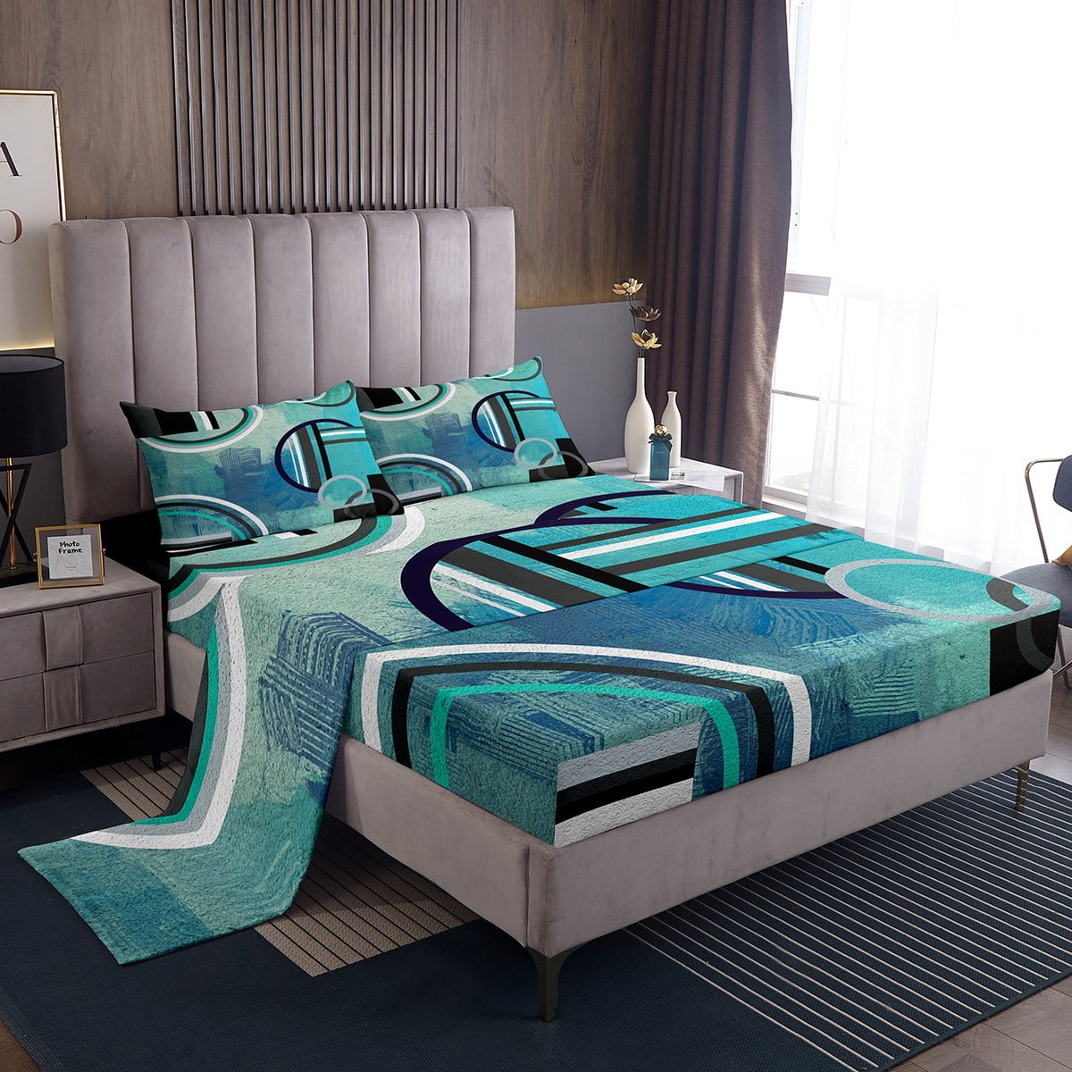Geometric Circles Bed Sheets Set Queen,Teal Blue Grey Black Sheet Set ...