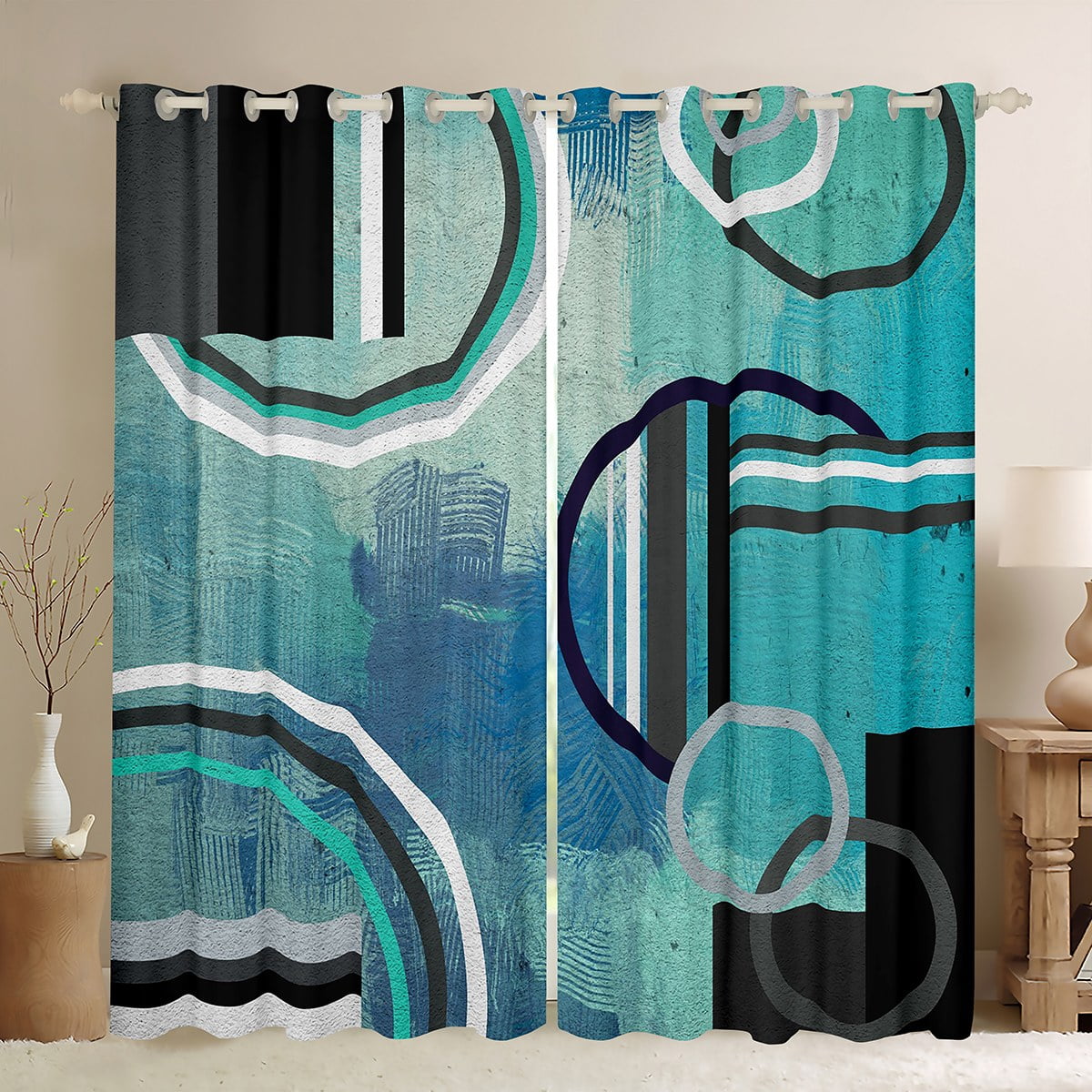 Geometric Circles Blackout Curtains,Teal Blue Grey Black Curtains,Ombre ...