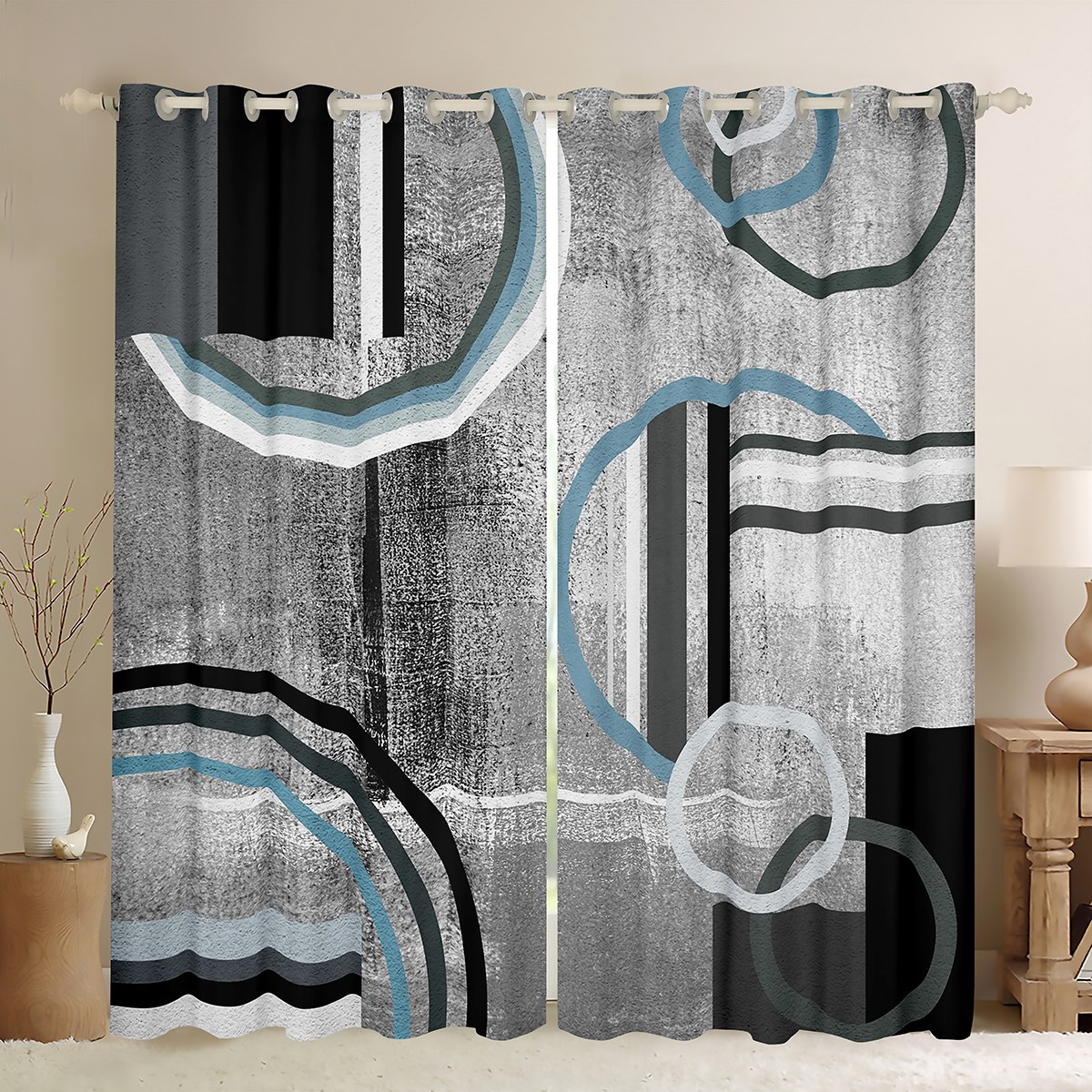 Geometric Circles Curtains for Living Room,Black Gray 30%-50% Blackout ...