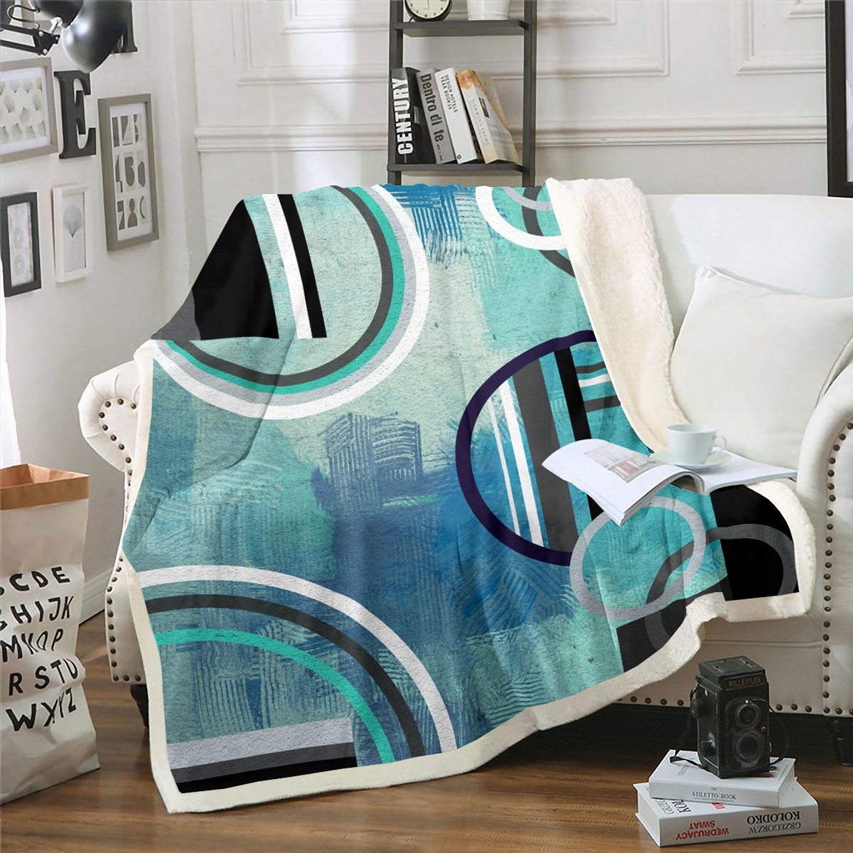 Geometric Circles Throw Blanket 40"X50",Teal Blue Grey Black Fleece ...