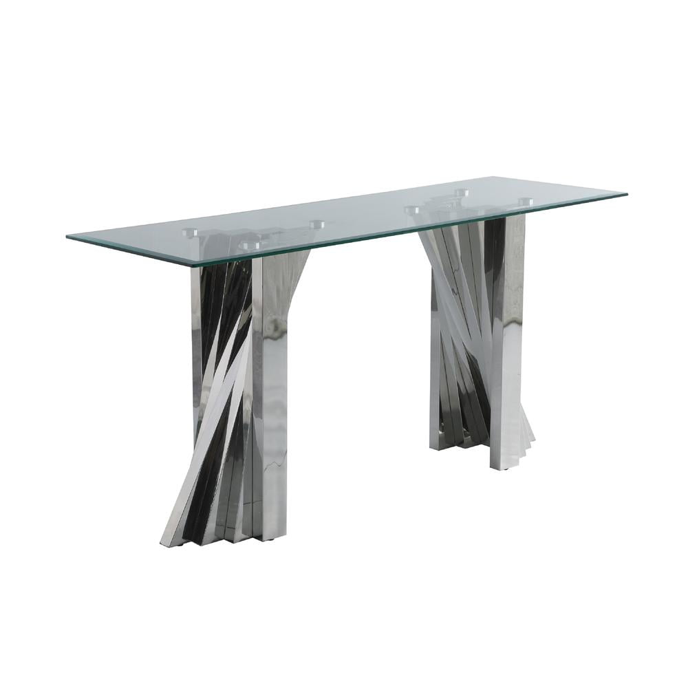 Geometric Clear Glass Console Table with Silver Stainless Steel ...