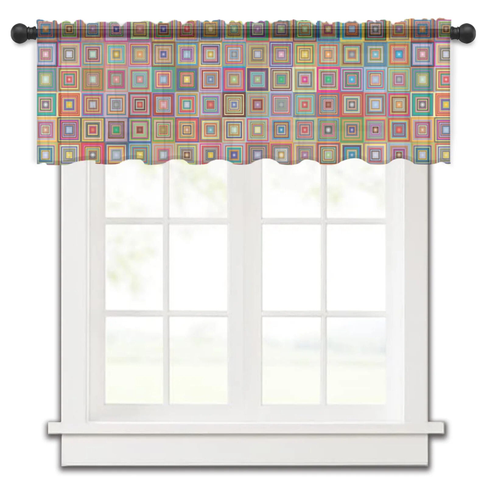 Geometric Colored Squares Plaid Rod Pocket Short Curtain Half-Curtain ...