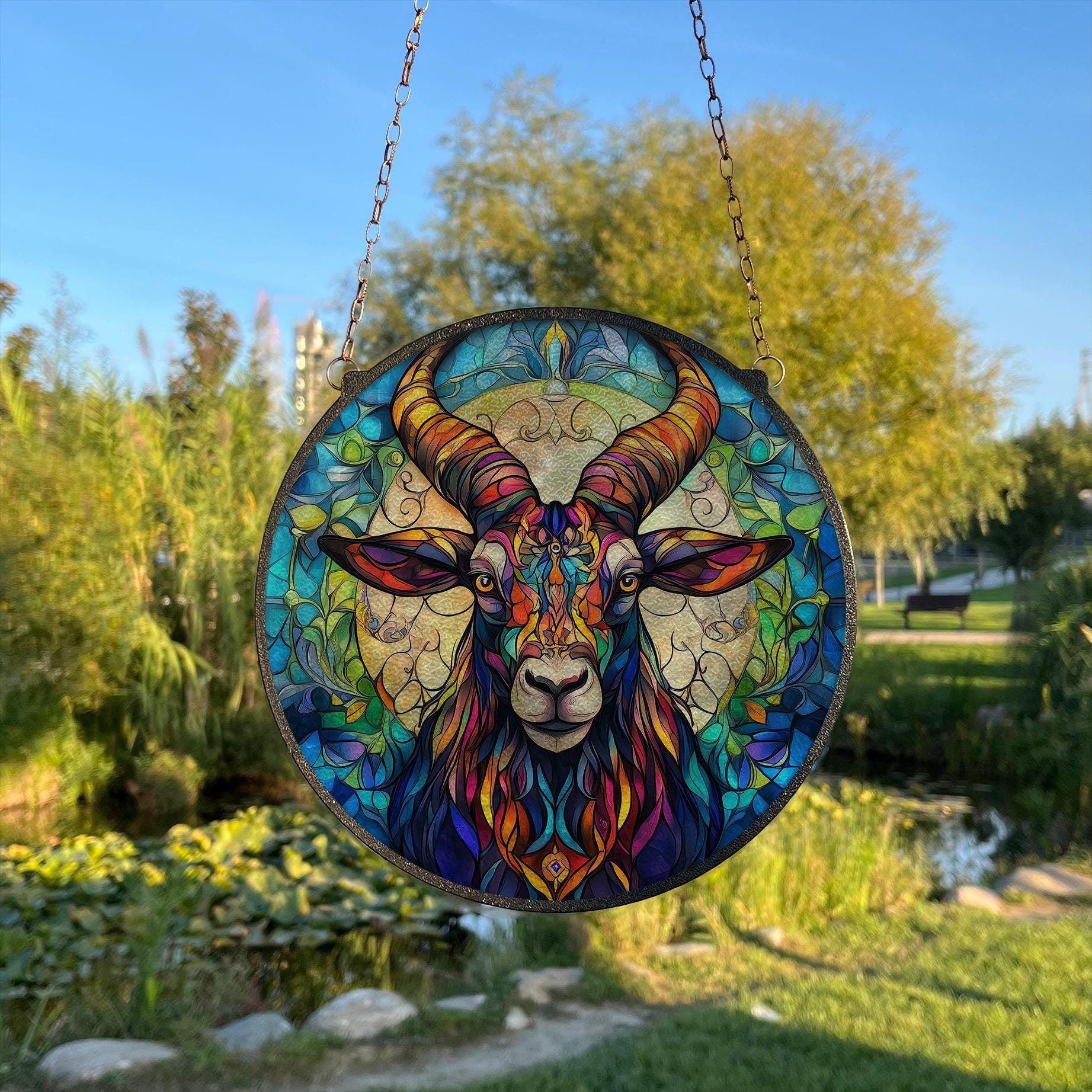 Geometric Colorful Goat Stained Glass Suncatcher, Window Hanging Decor ...