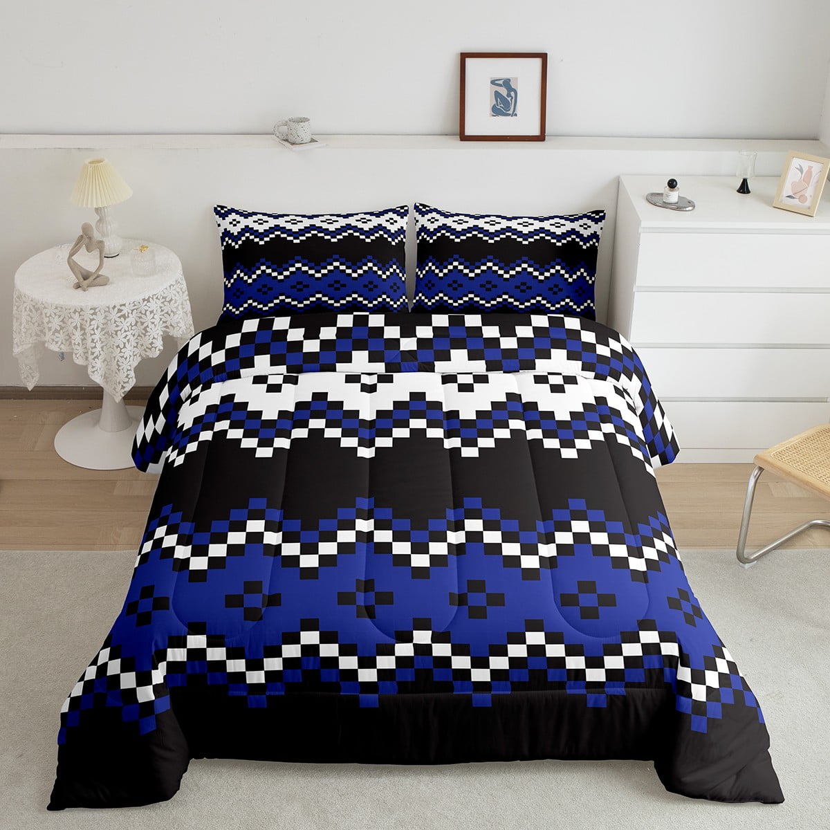 Geometric Comforter Set Teens Boho Geometry Grid Bedding, Blue Black ...