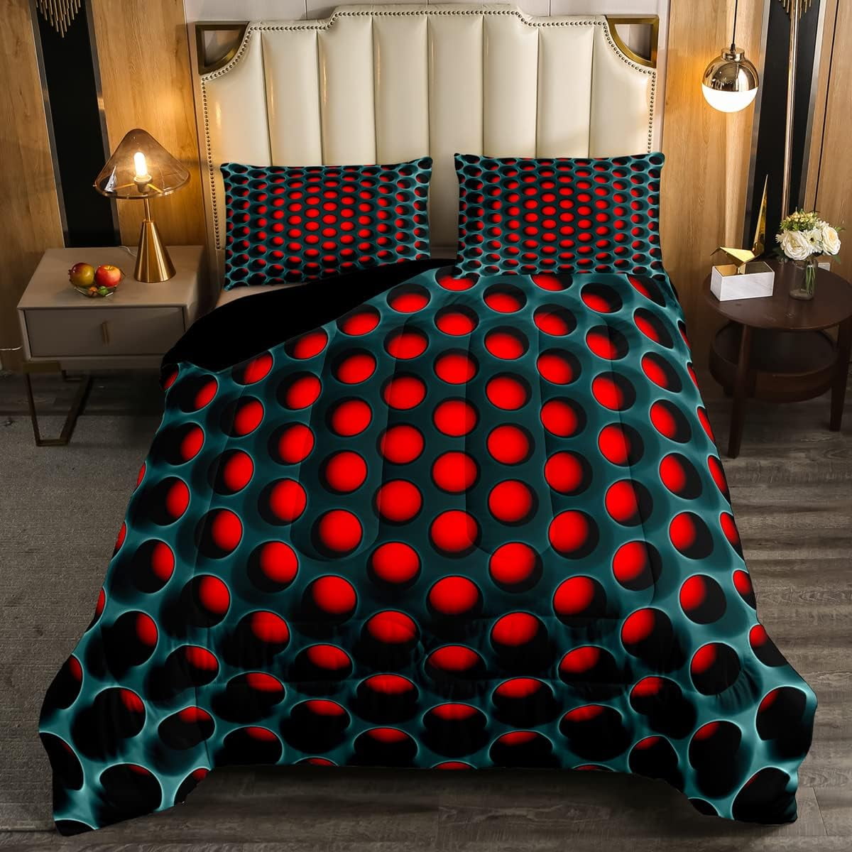 Geometric Comforter Set Green Red Honeycomb Bedding Sets Hexagon ...