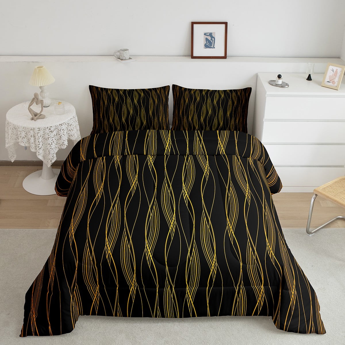 Geometric Comforter Set Black Gold Abstract Art Stripes Bedding Set ...