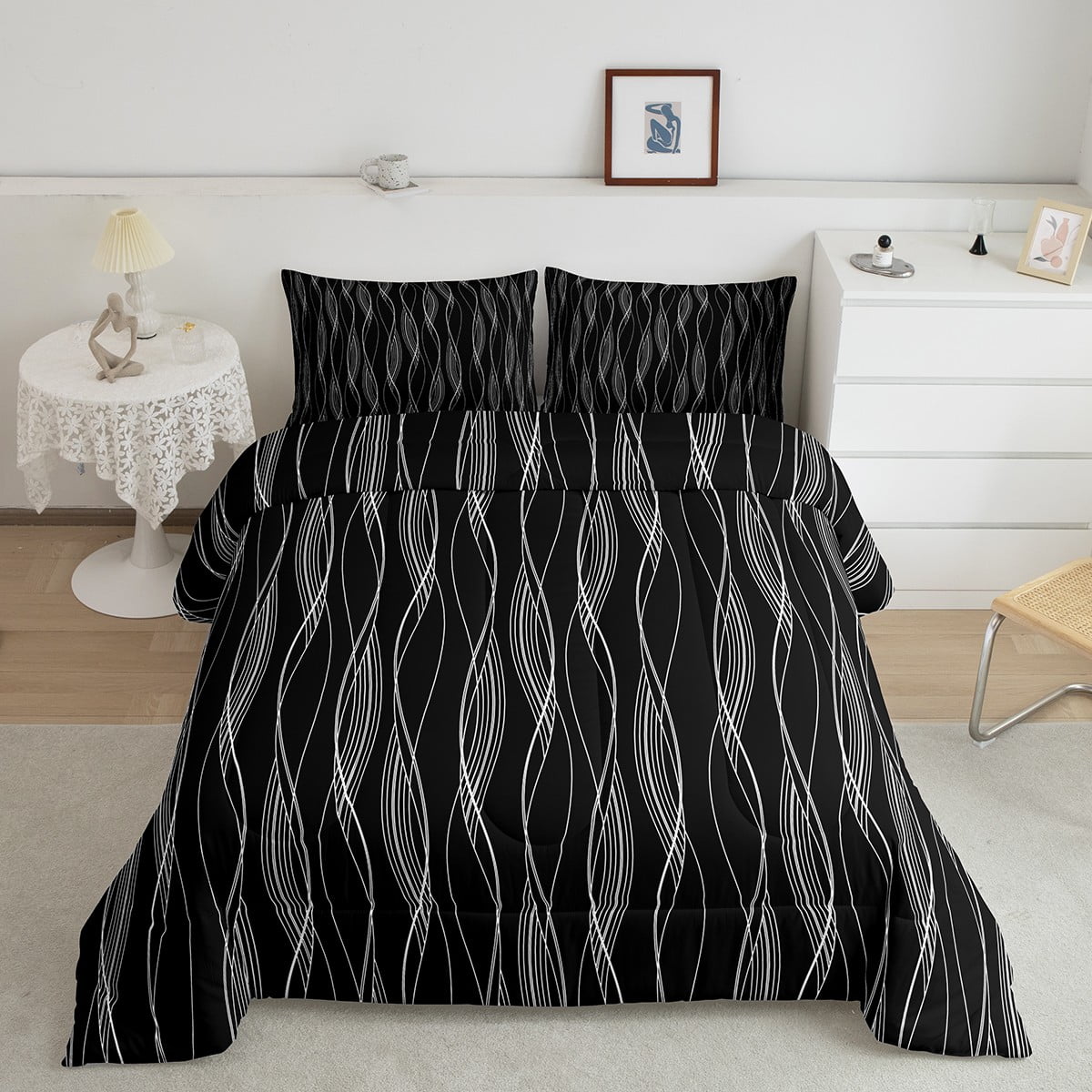 Geometric Comforter Set Black White Abstract Art Stripes Bedding Set Twin ,Retro Irregular ...