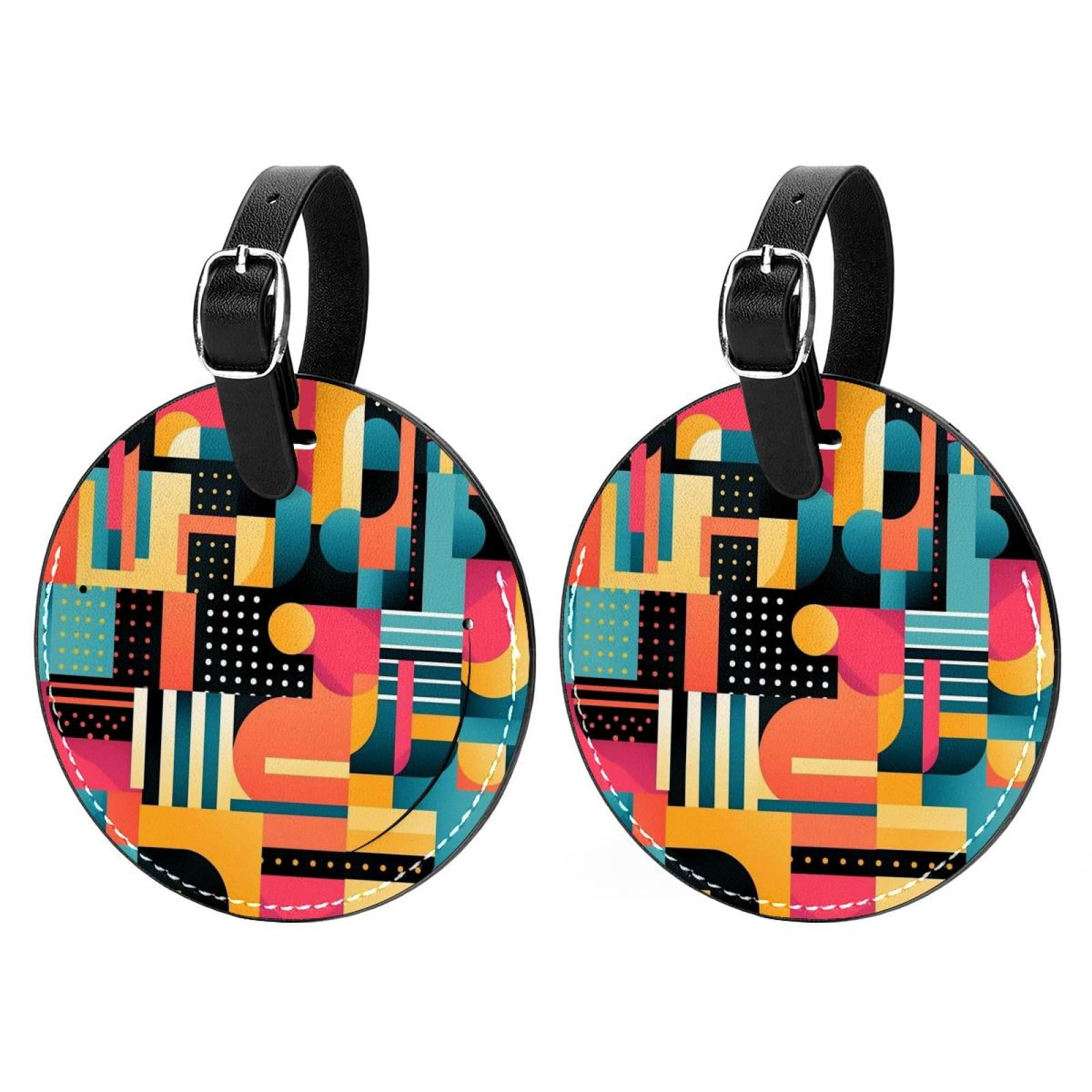 Geometric Cube 2Pcs PU Leather Round Luggage Tags with Privacy Cover ...