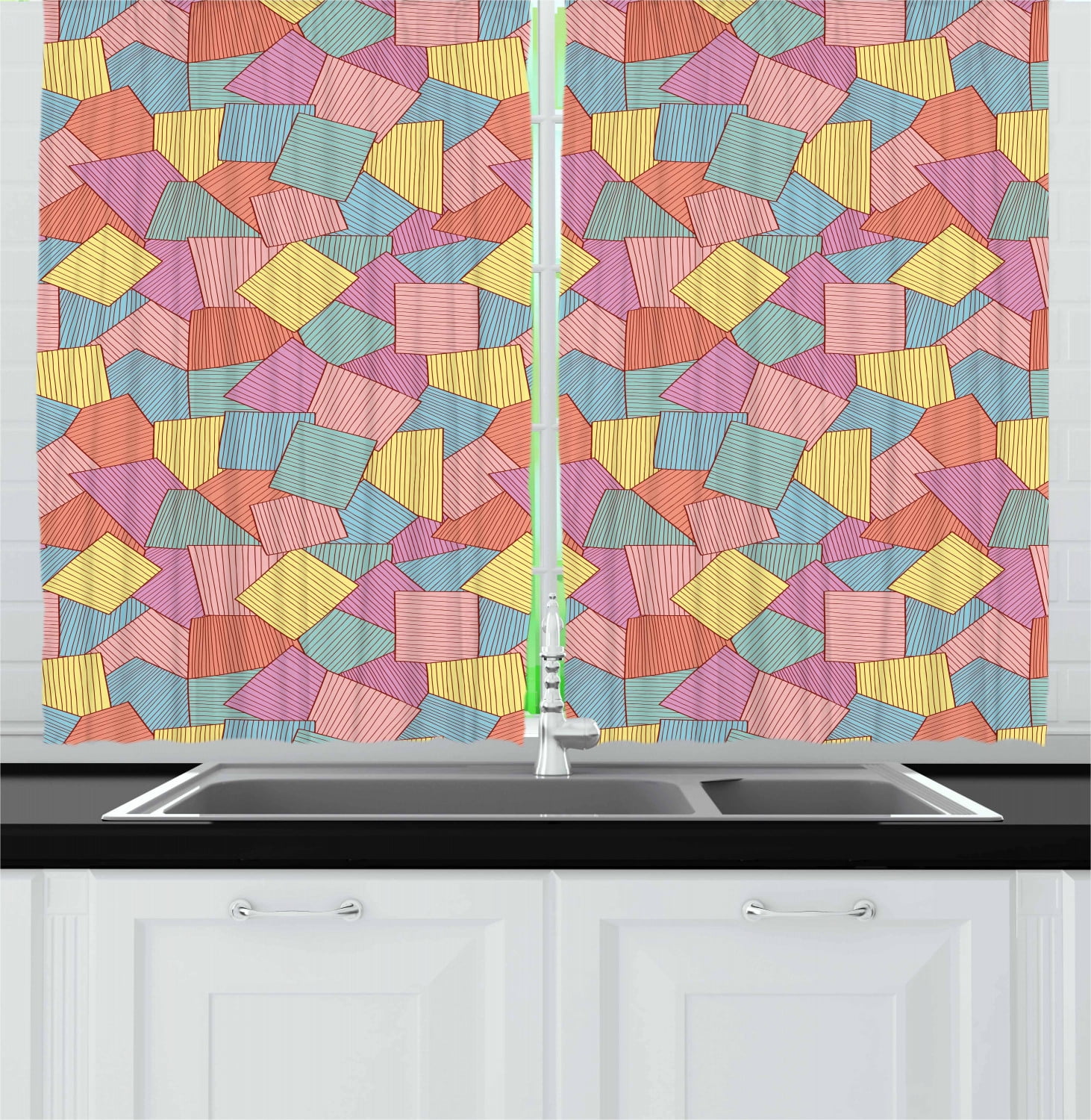 Geometric Curtains 2 Panels Set, Abstract Tile Pattern with Thin ...