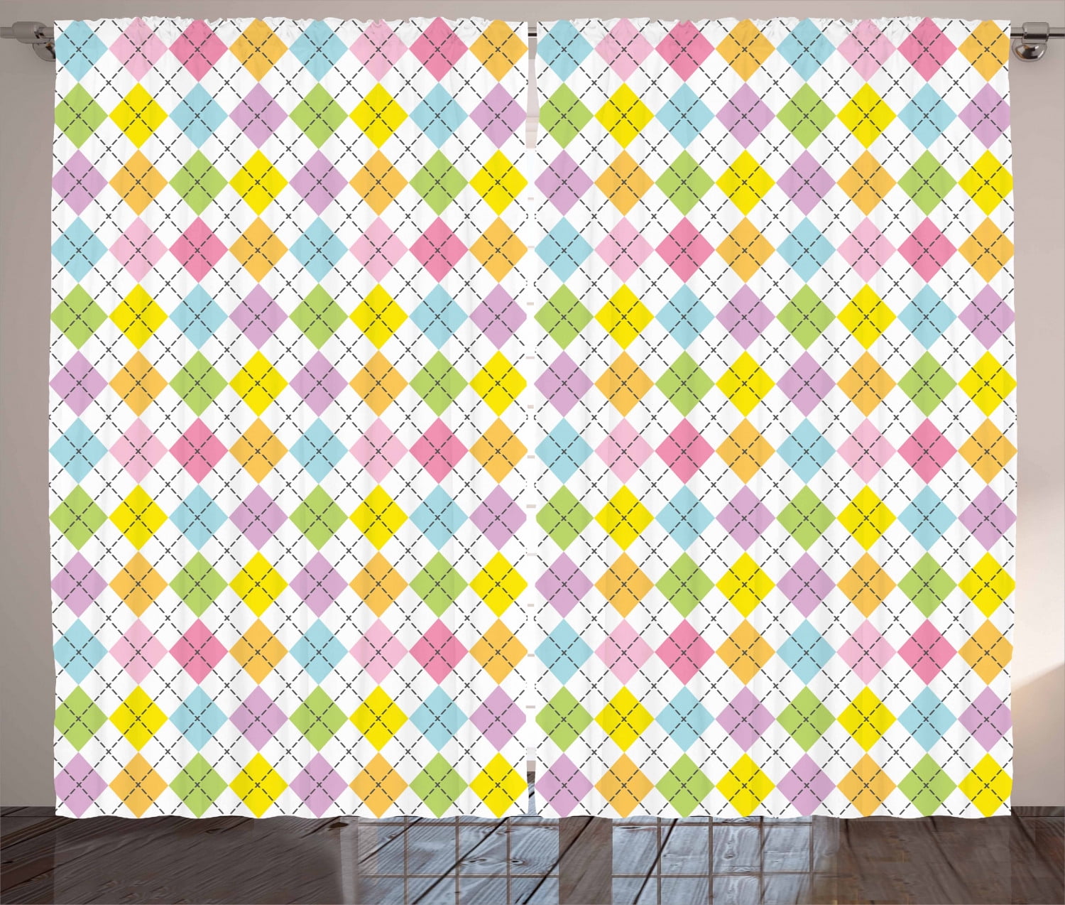 Geometric Curtains 2 Panels Set, Argyle Pattern Formed by Dashed Lines ...