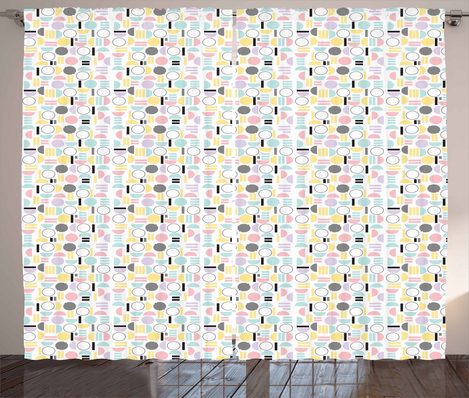 Geometric Curtains 2 Panels Set, Circles Stripes and Diagonal Lines in ...