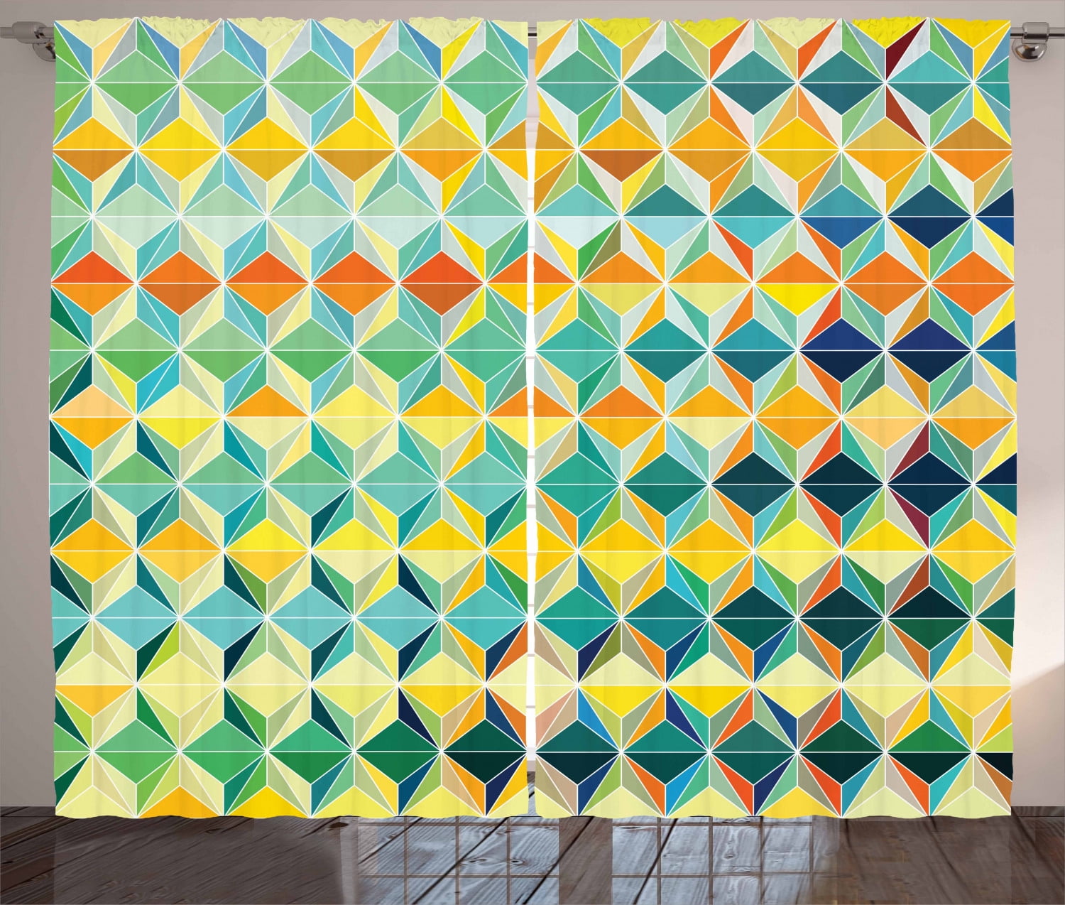 Geometric Curtains 2 Panels Set, Colorful Triangular Composition with ...