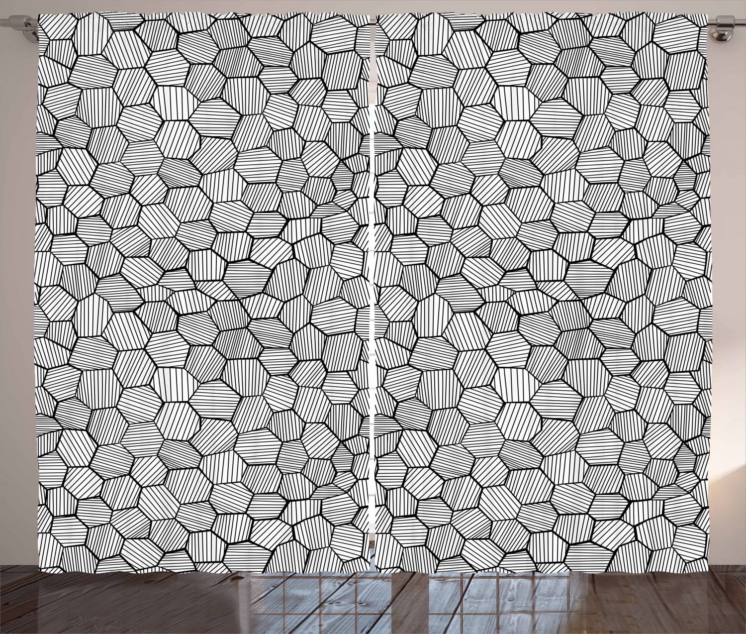 Geometric Curtains 2 Panels Set, Hand-Drawn Sketch Deformed Hexagon ...