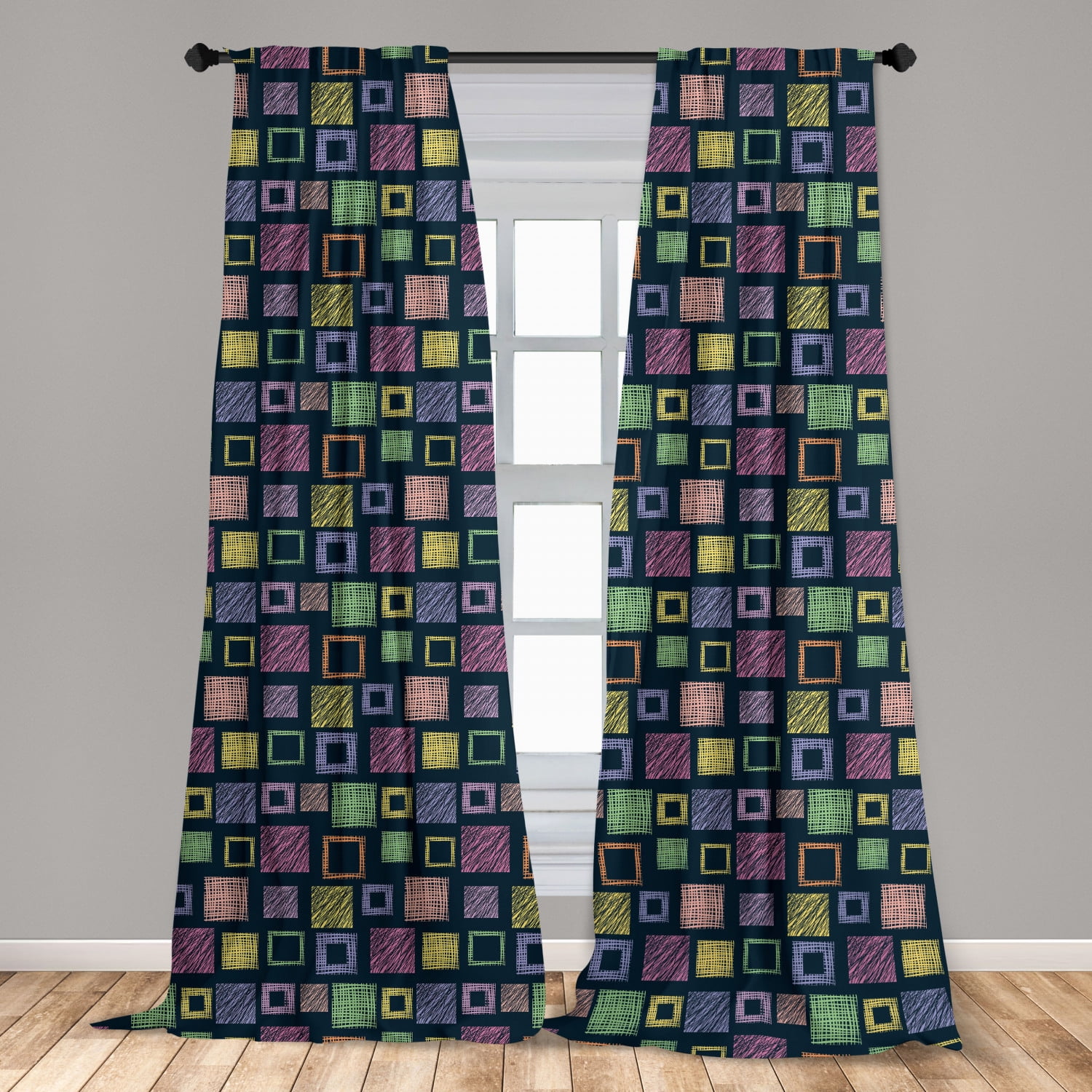 Geometric Curtains 2 Panels Set, Pattern with Squares Hand Drawn Style ...