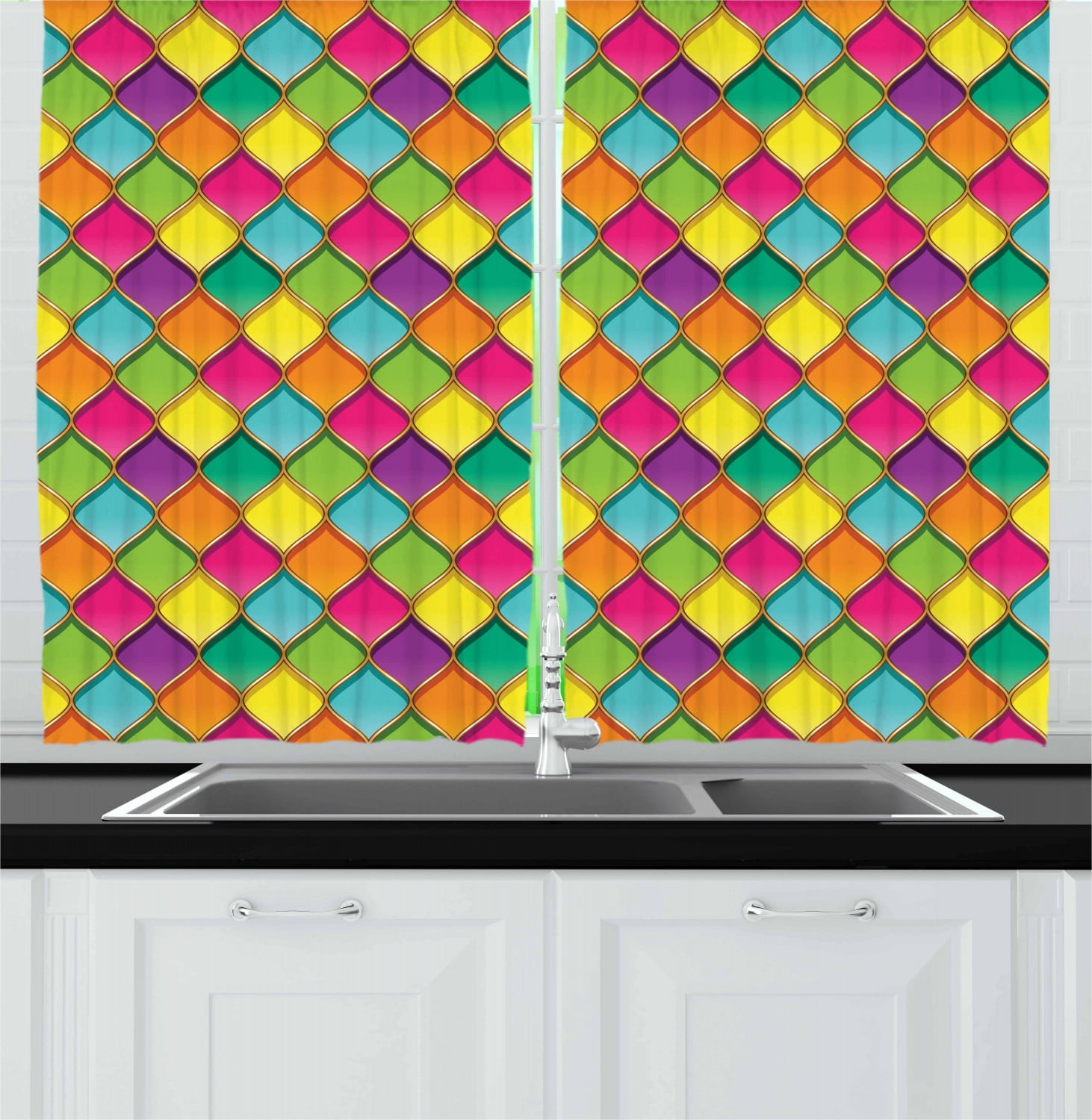 Geometric Curtains 2 Panels Set, Vivid Colored Stained Glass Style ...