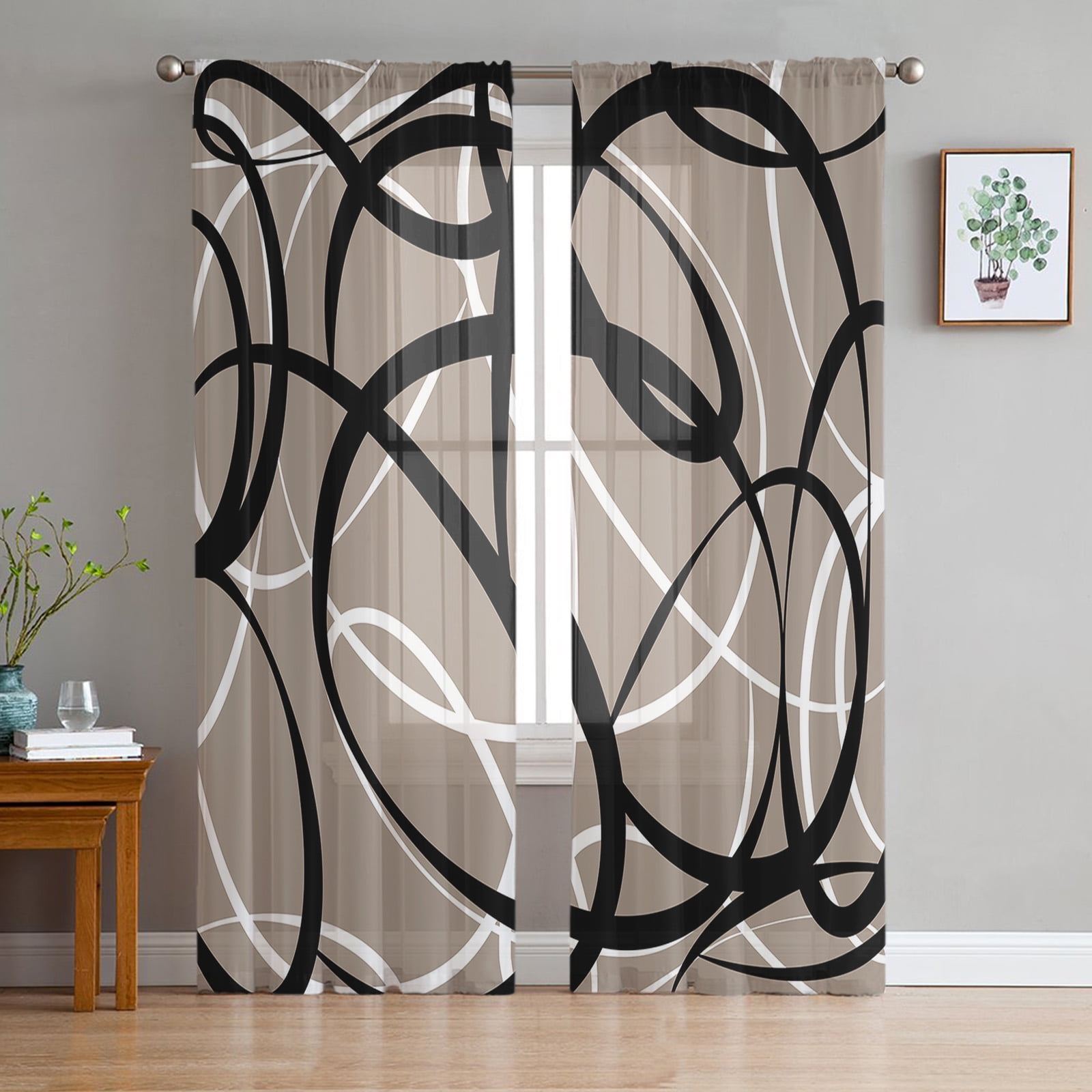 Geometric Curves Black White Brown Sheer Tulle Home ration Living Room ...
