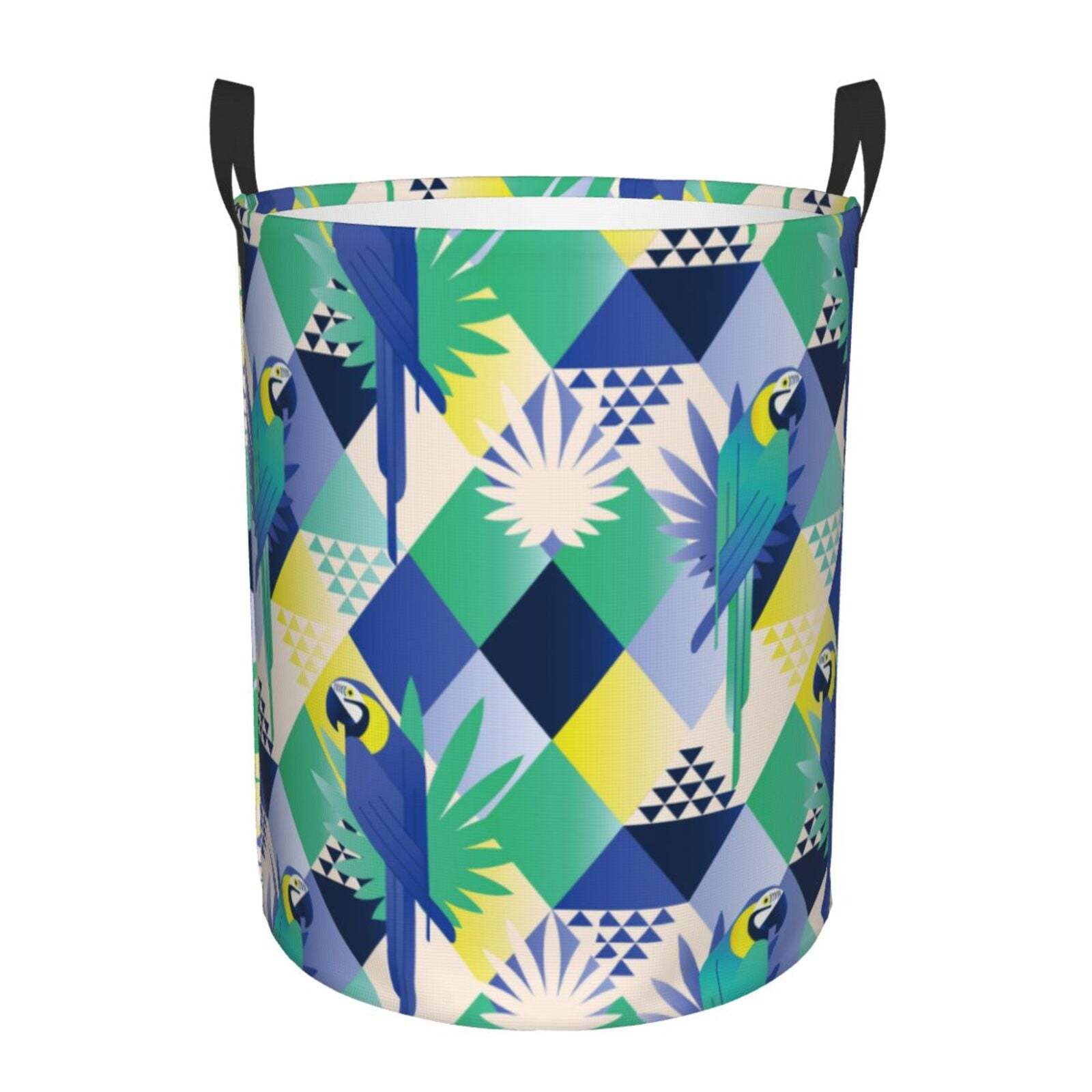 Geometric Cute Parrot Round Laundry Basket, Laundry Hamper with Handle ...
