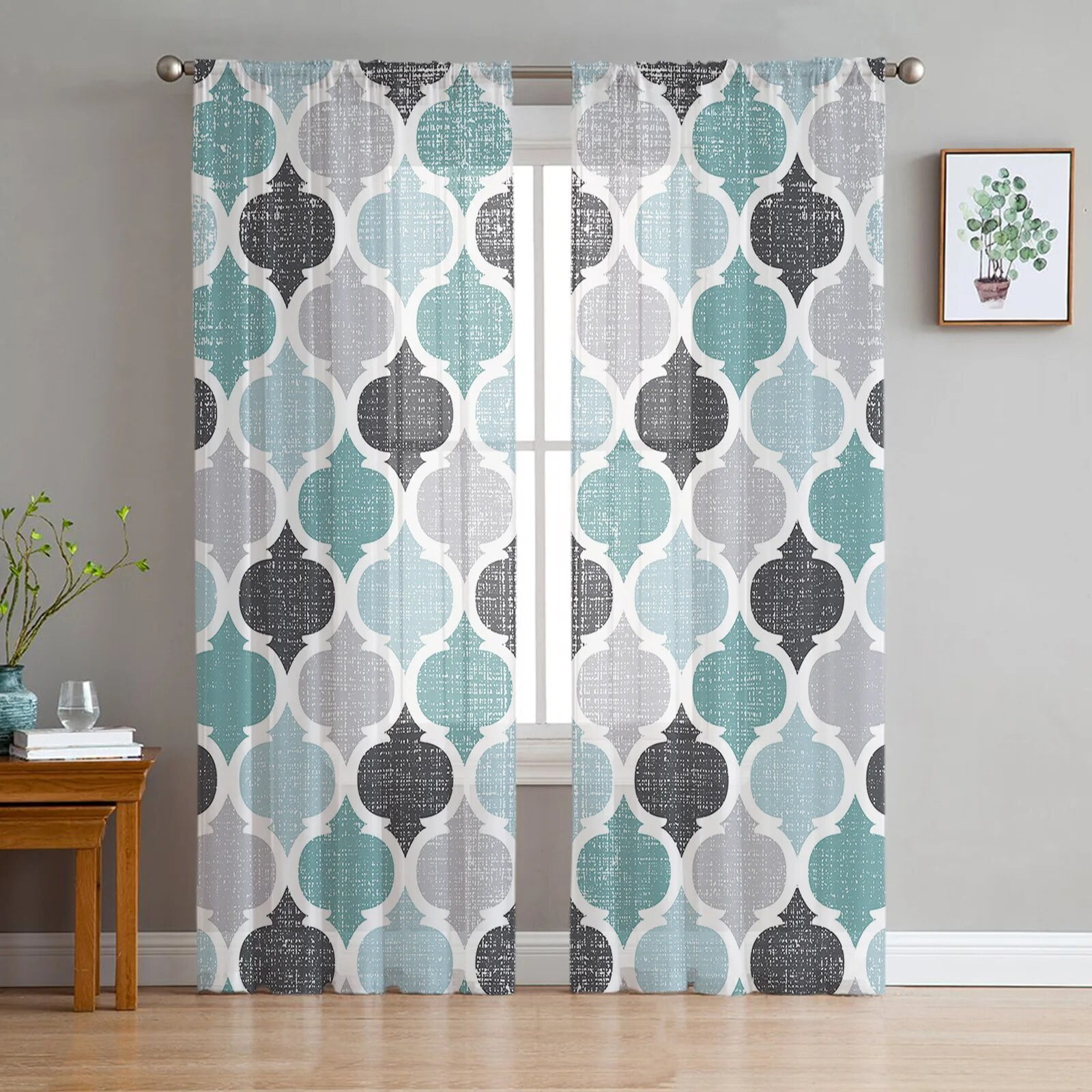 Geometric Cyan Vintage Moroccan Tulle Curtains For Living Room Kitchen ...
