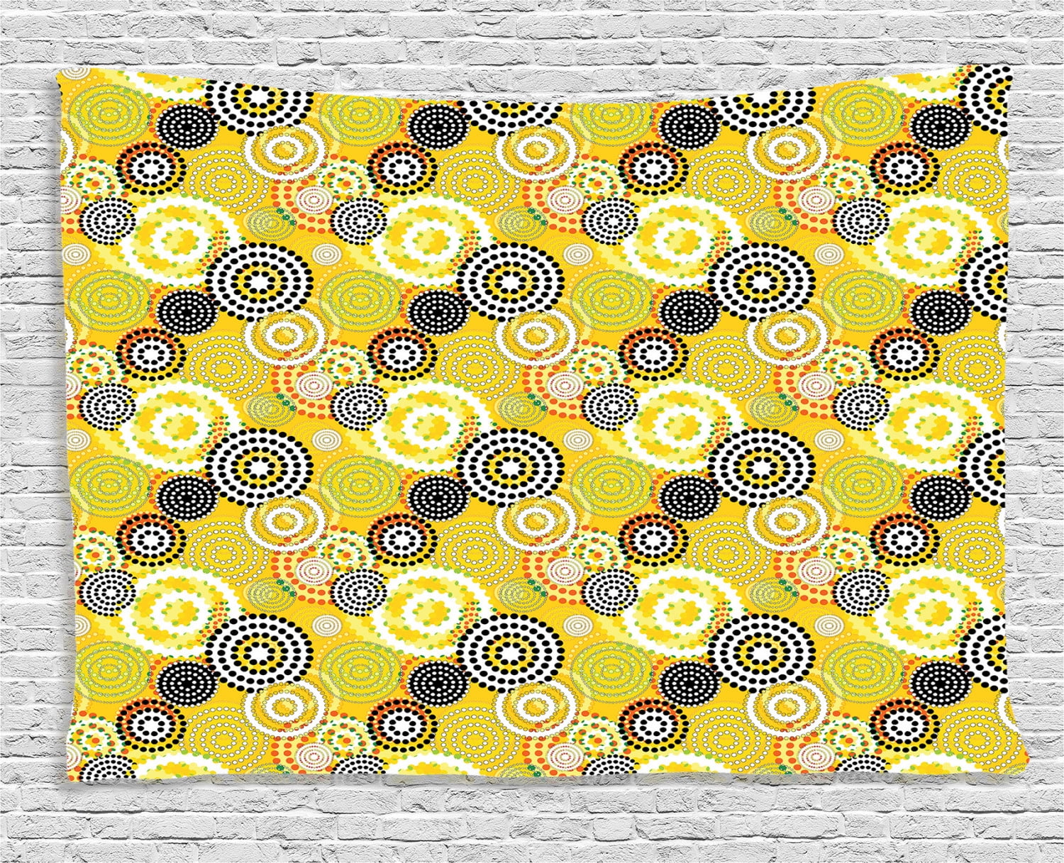 Geometric Decor Tapestry, Retro Unusual Psychedelic Ring Shaped Dots ...