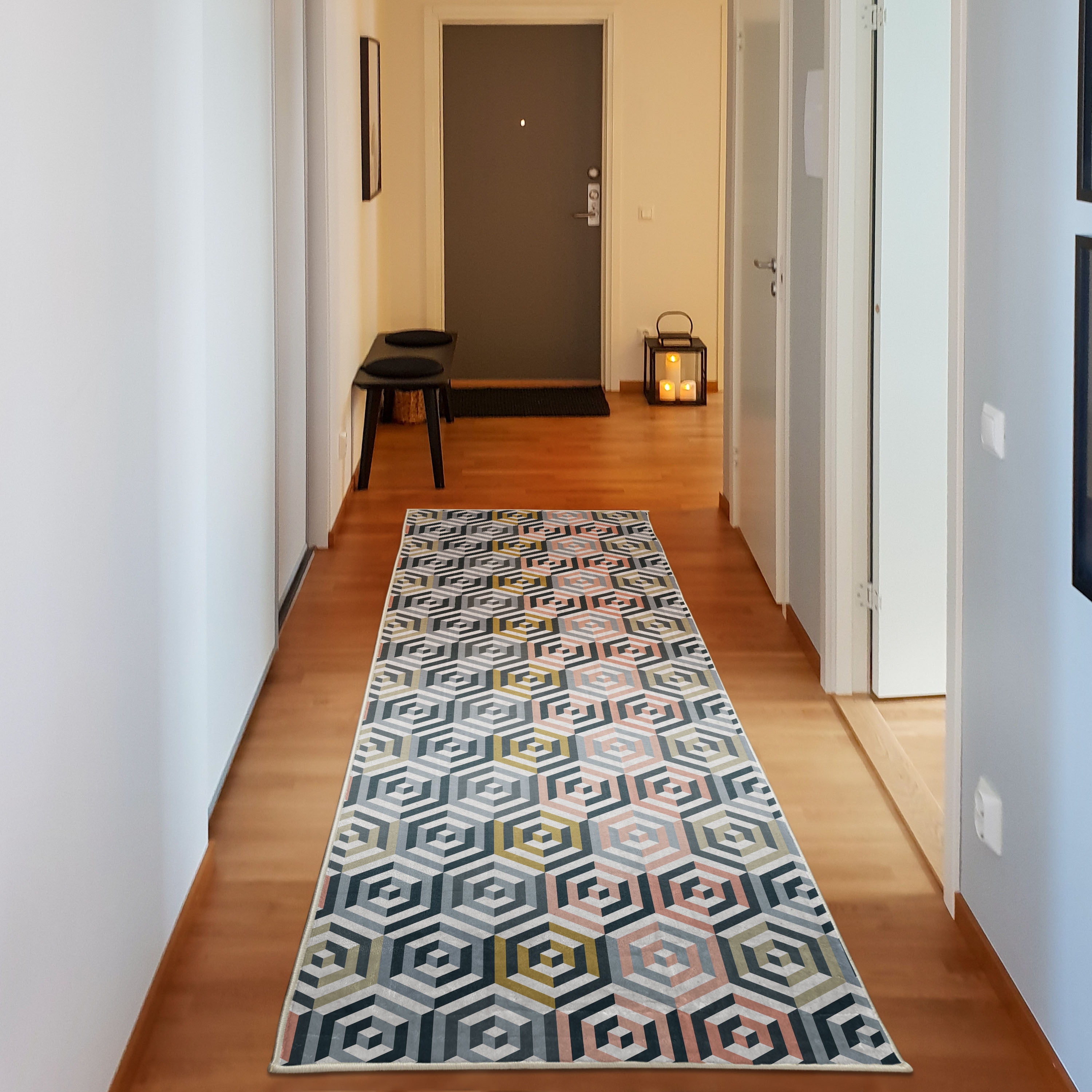 Geometric Decorative Rug Abstract Cubes Isometric Hexagonal Shaped Pattern Colorful Retro