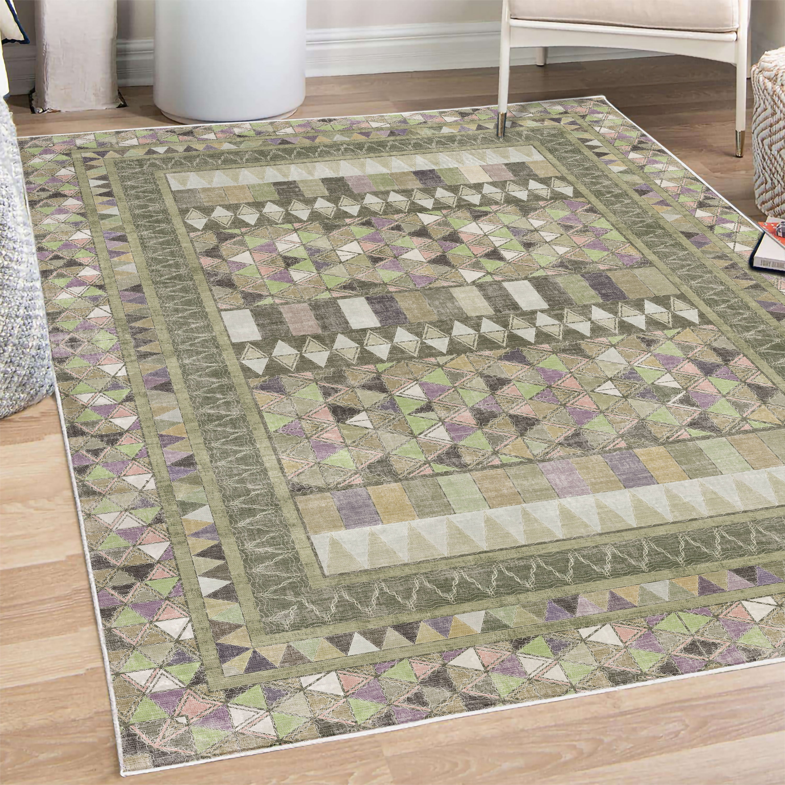 Geometric Decorative Rug, Colorful Triangles and Wavy Lines Modern Look ...