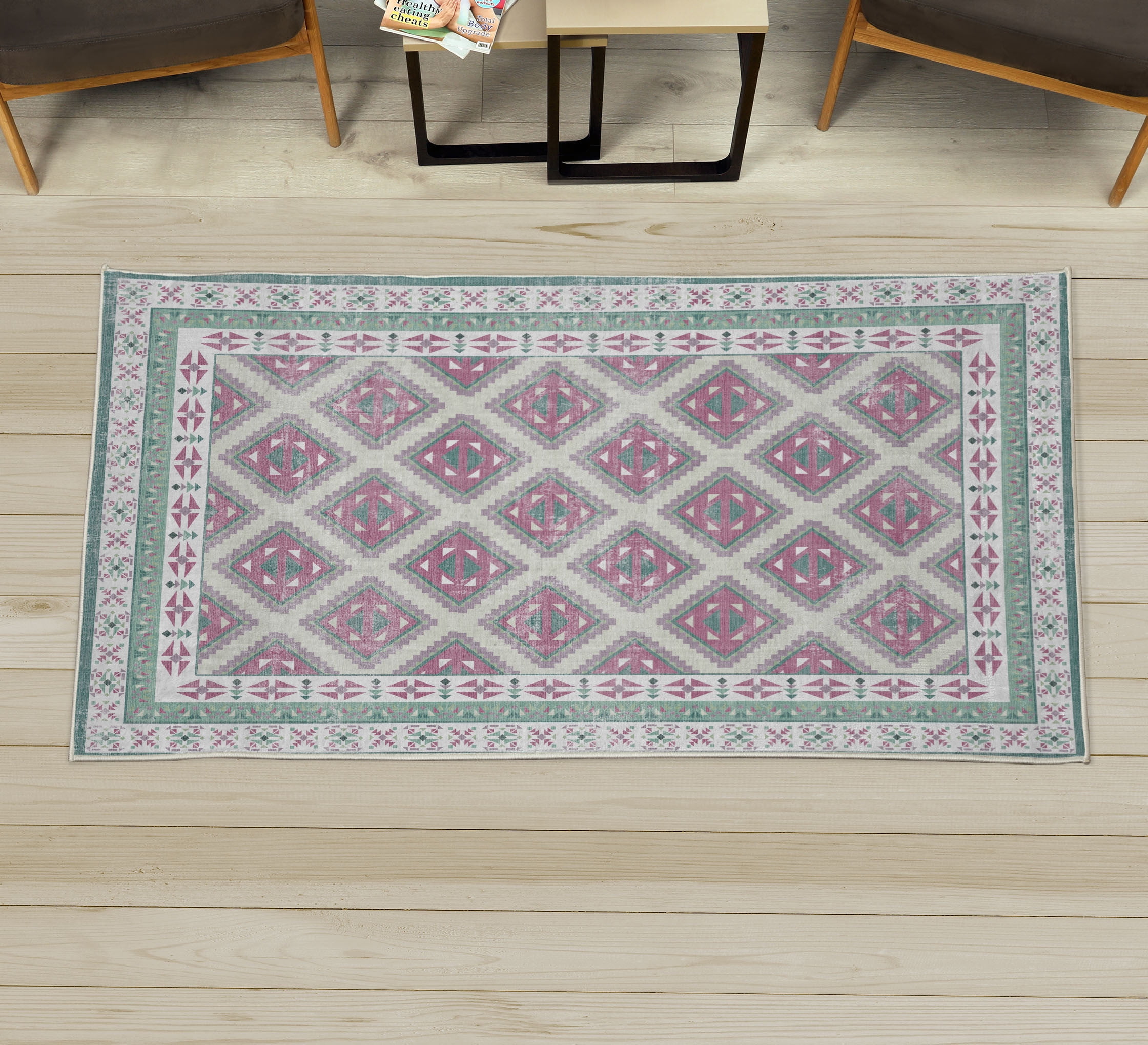 Geometric Decorative Rug, Ethnic Rustic Zigzagged Squares Folkloric ...