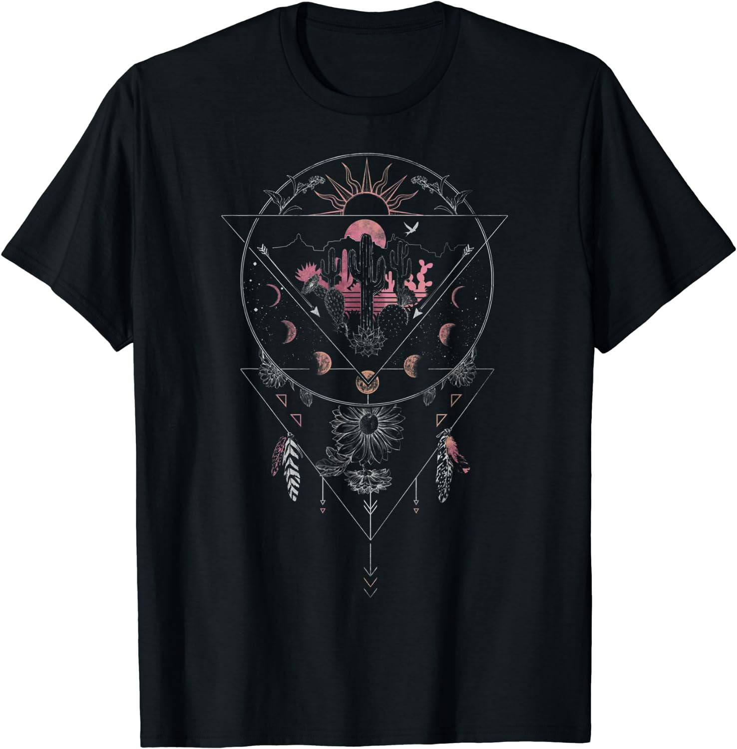 Geometric Desert Scene Moon Phases Boho Graphic T-Shirt Black - Walmart.com
