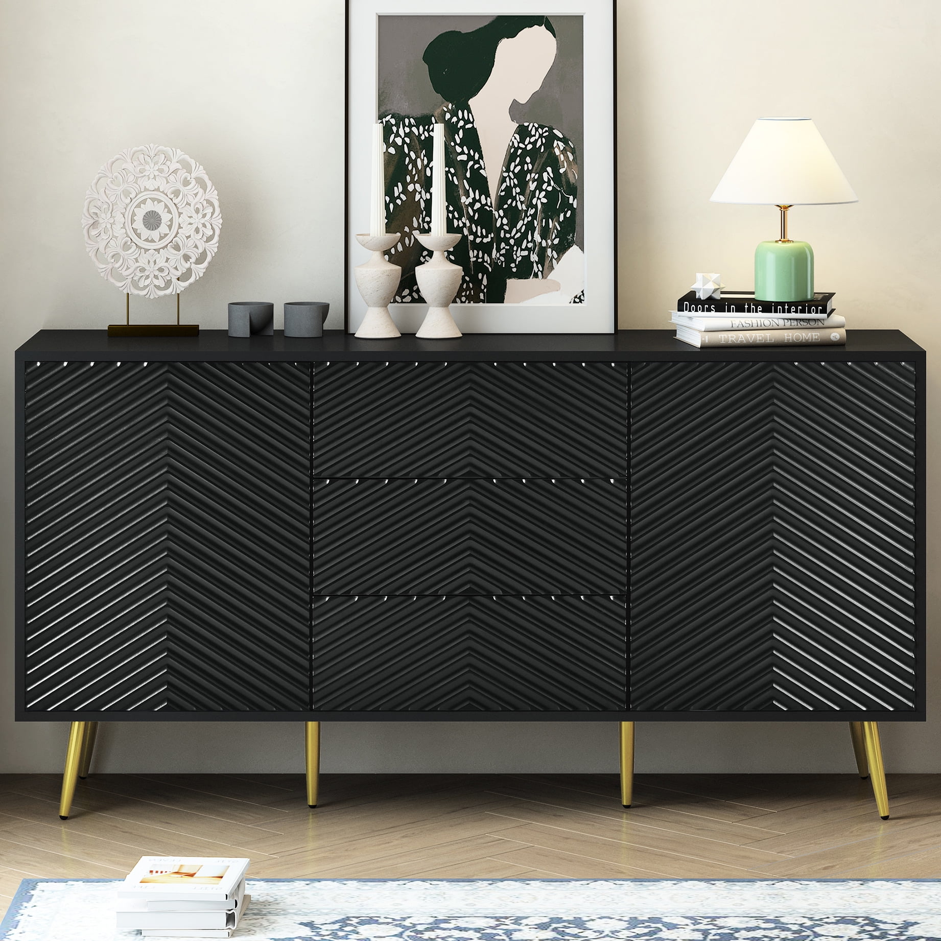 Geometric Design Storage Sideboard With Robust Metal Legs, Functional ...