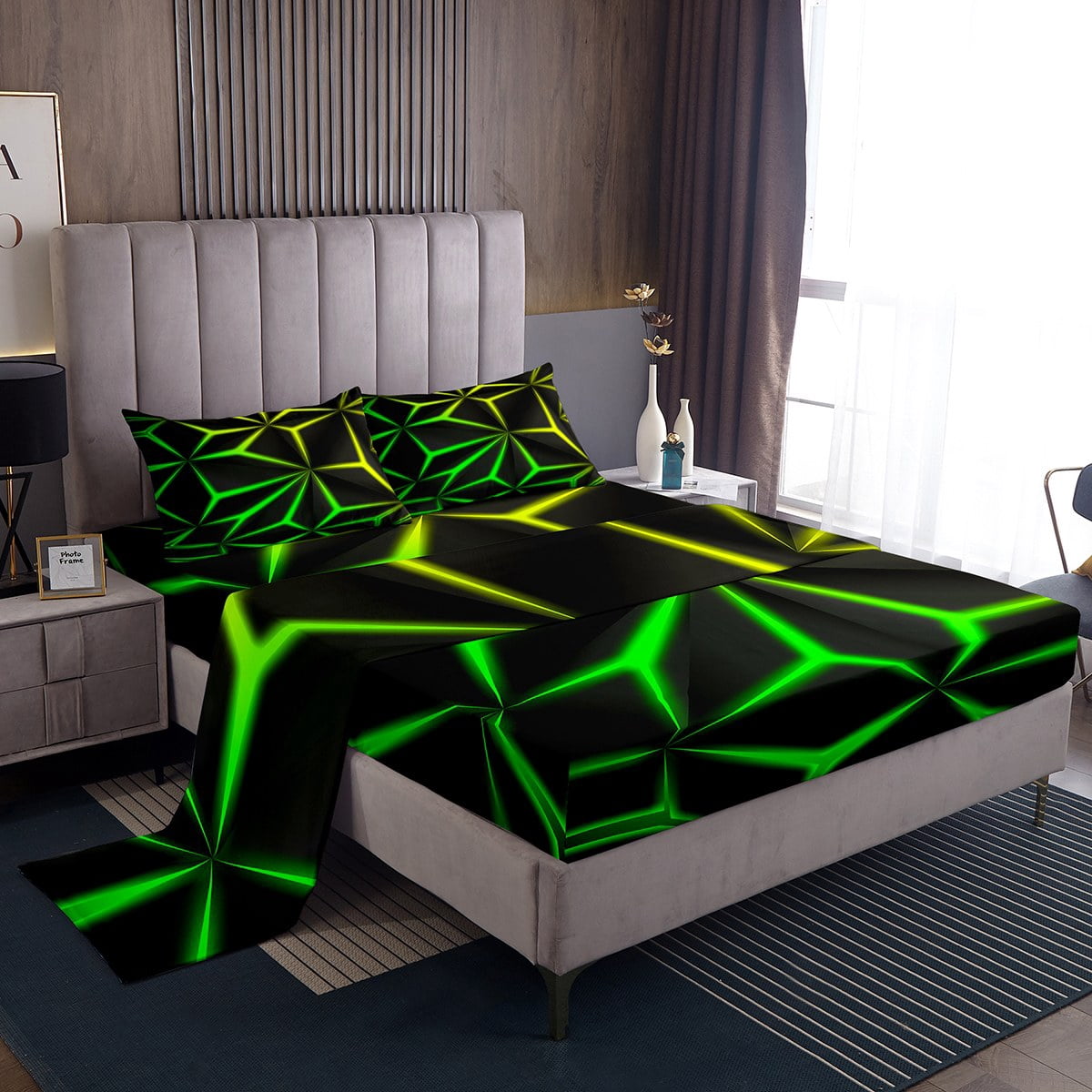 Geometric Diamond Bed Sheets Set Full Size Women, Yellow Green Neon ...