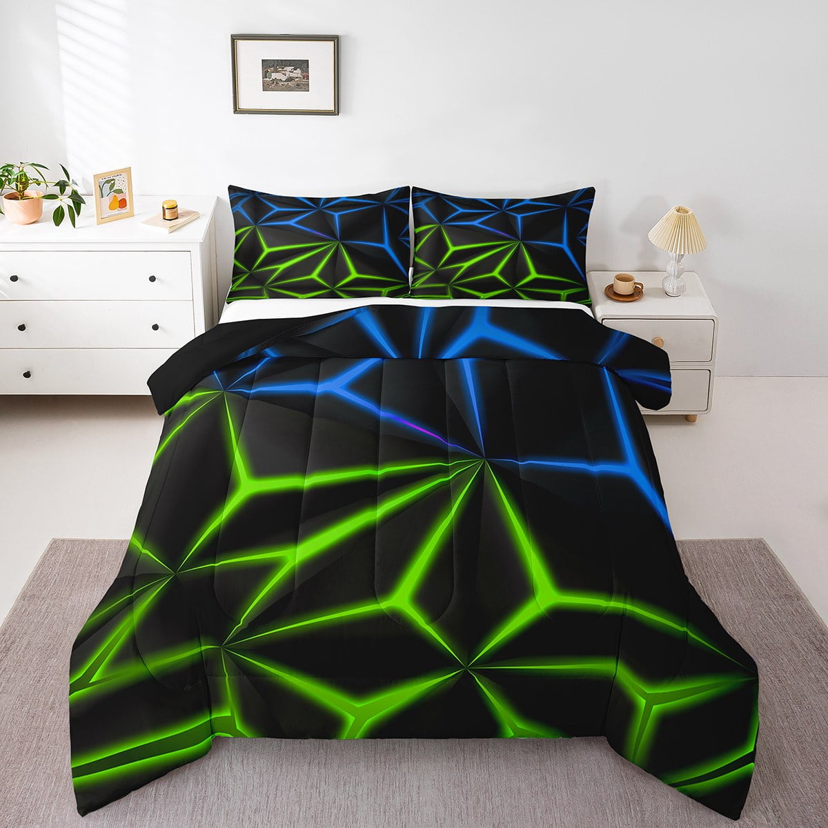 Geometric Diamond Bedding Set King Size,Blue Green Gradient Comforter ...