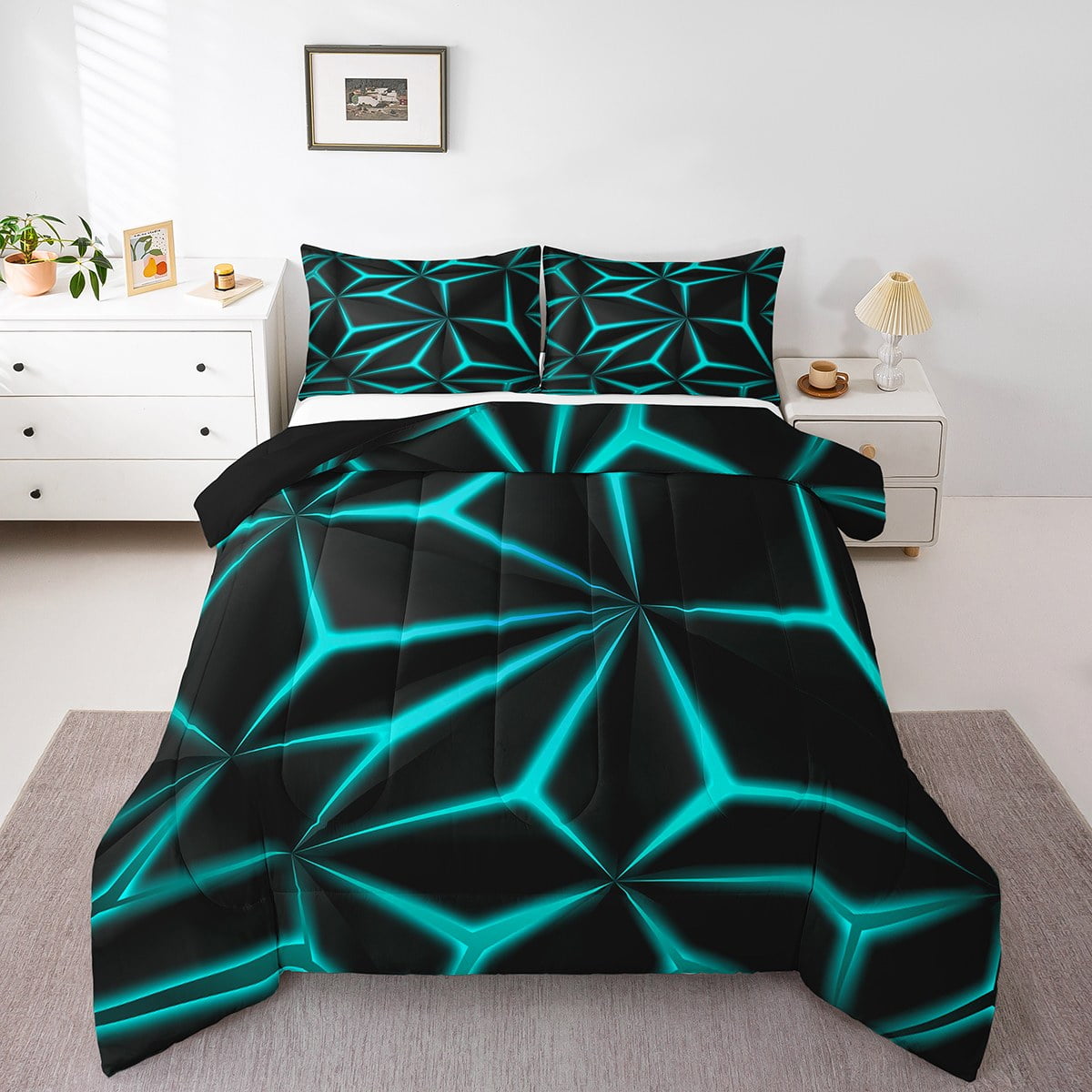 Geometric Diamond Bedding Set Queen Size, Teal Gradient Neon Comforter ...
