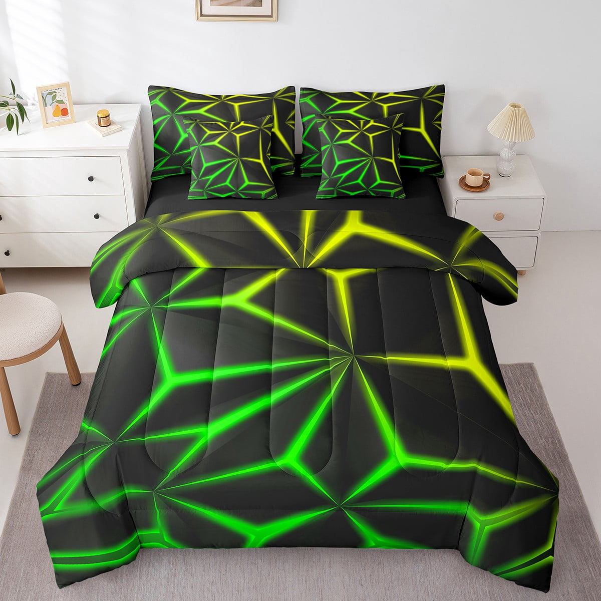 Geometric Diamond Bedding Sets Queen Size Women, Yellow Green Neon ...