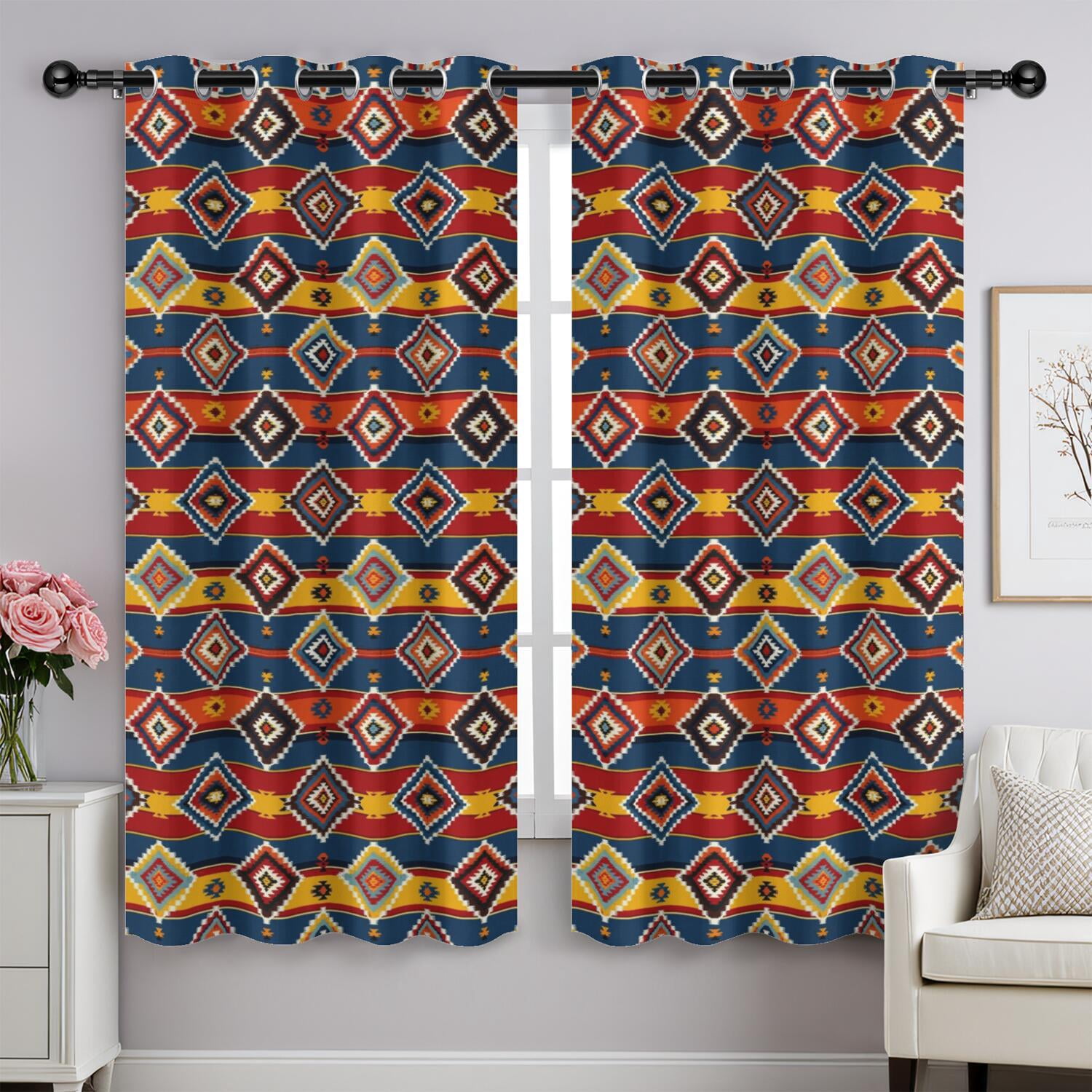 Geometric Diamond Blue Pattern Blackout Curtains,Triple Weaved Fabric ...
