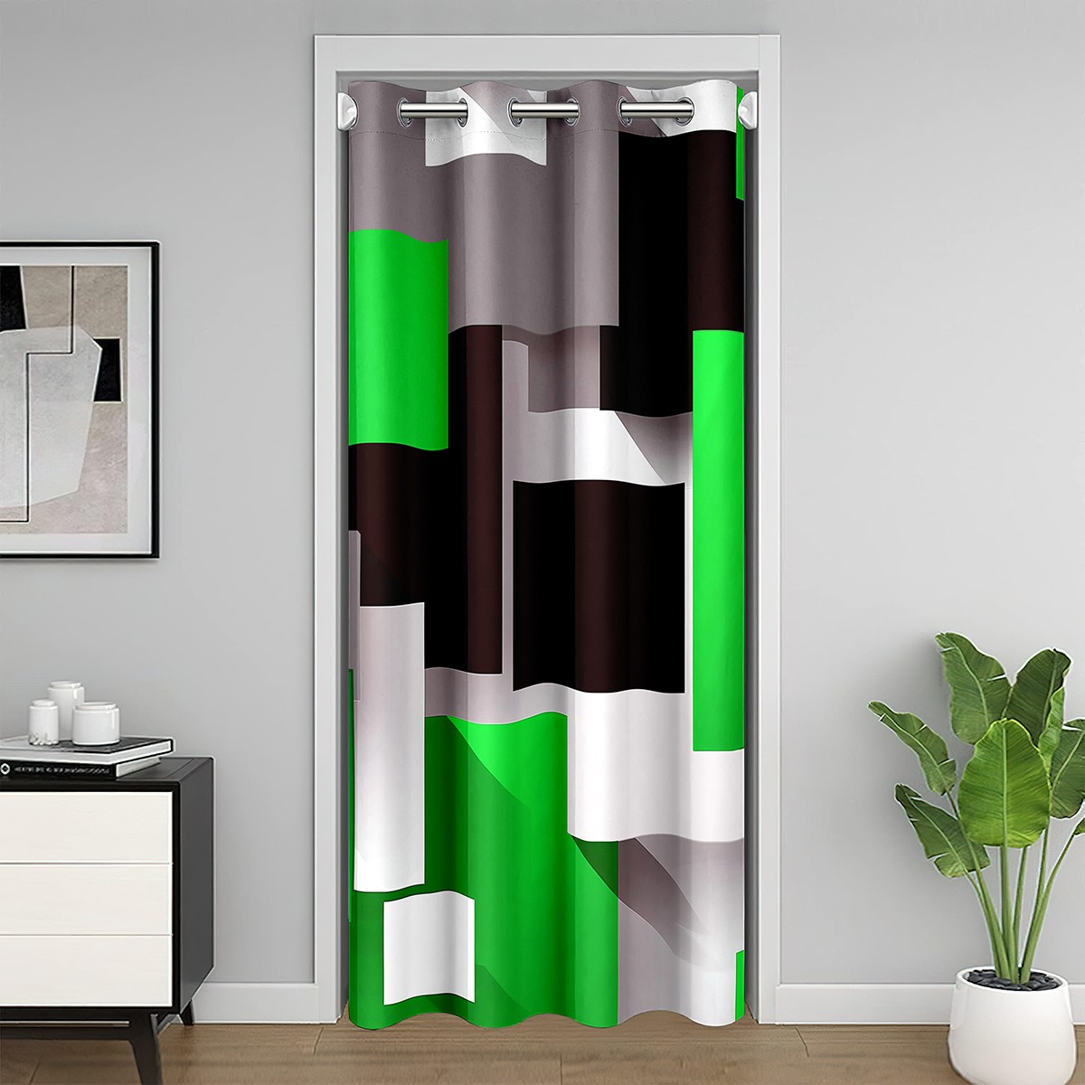 Geometric Door Curtain 1 Panel,52"W X 84"L,Green Black Grey Divider ...