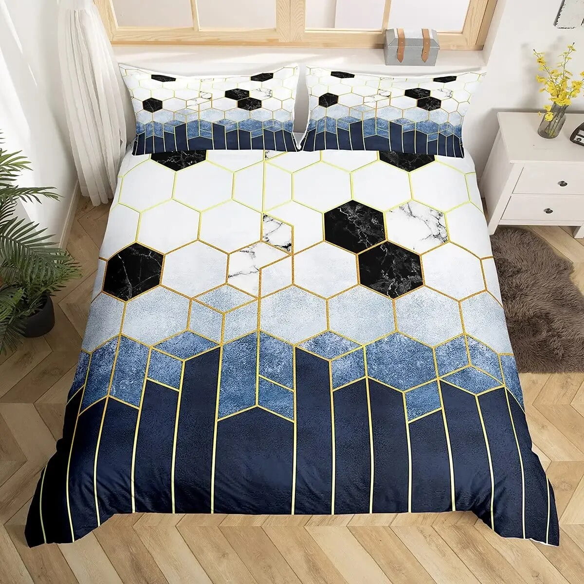 Geometric Duvet Cover Multicolor Honeycomb Hexagon Bedding Set