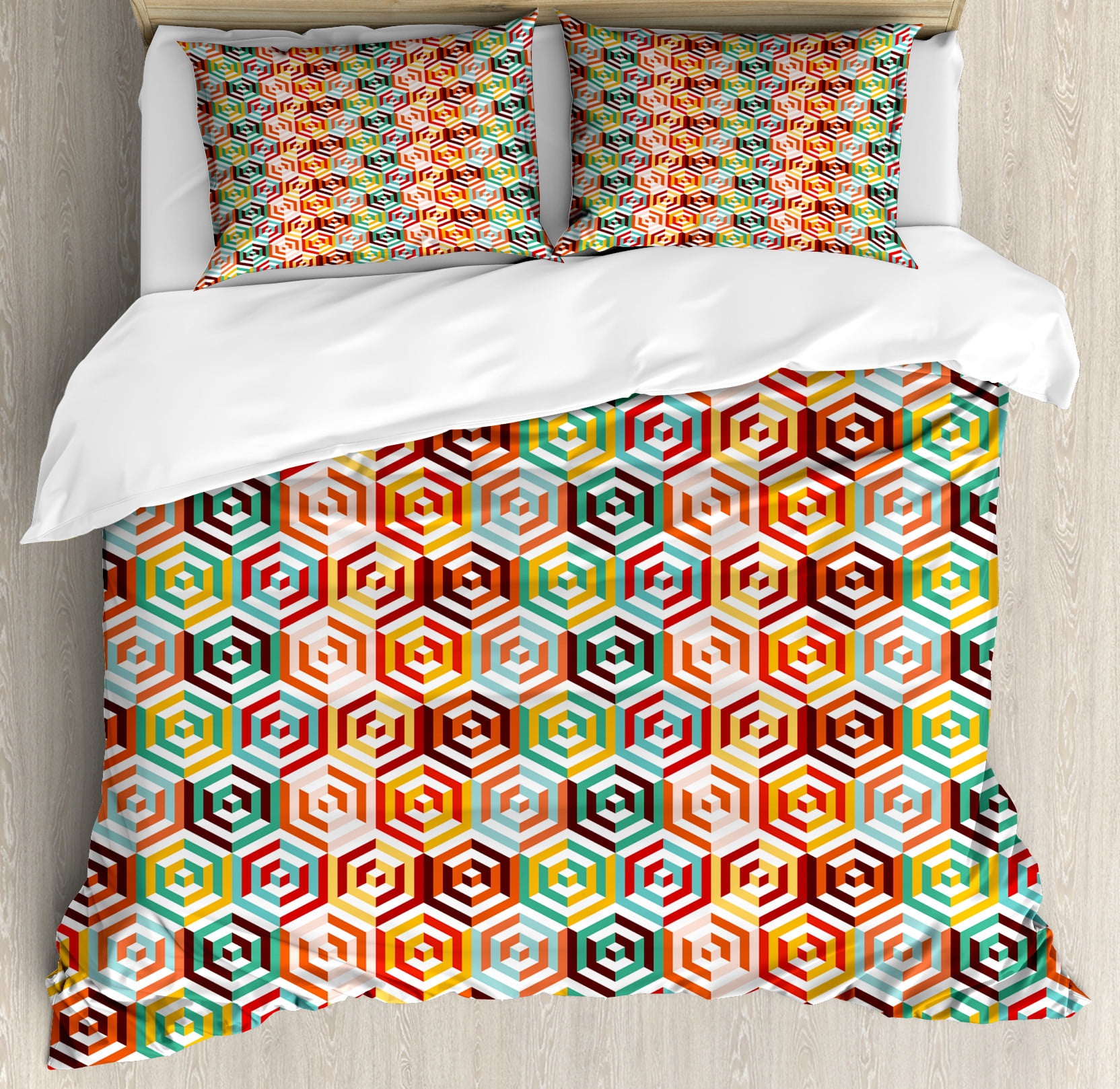 Geometric Duvet Cover Set, Abstract Cubes Isometric Hexagonal Shaped ...