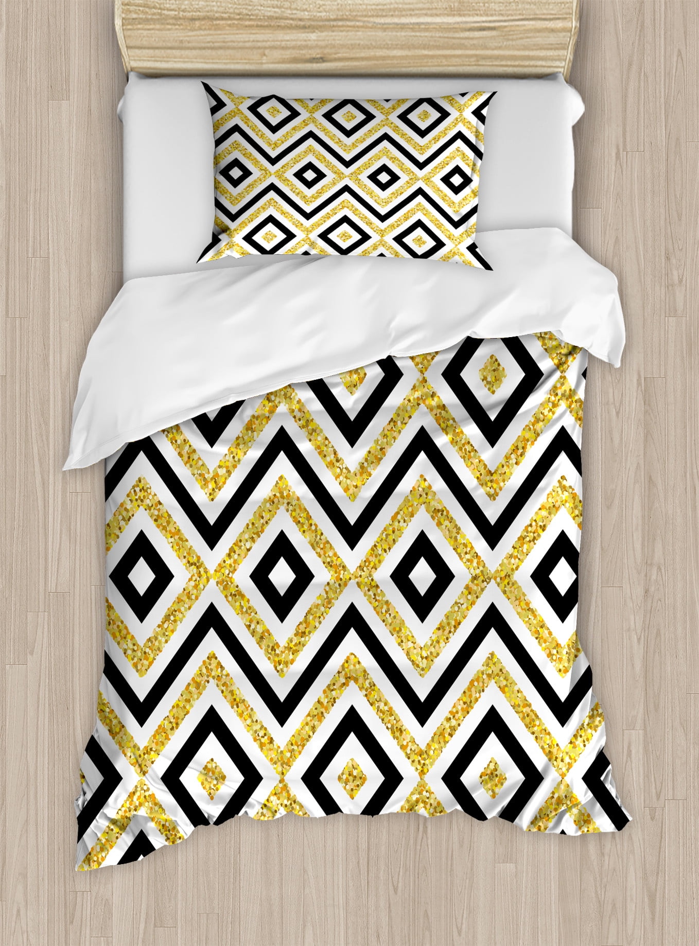 Geometric Duvet Cover Set, Motif of Zig Zag and Squares Contemporary ...